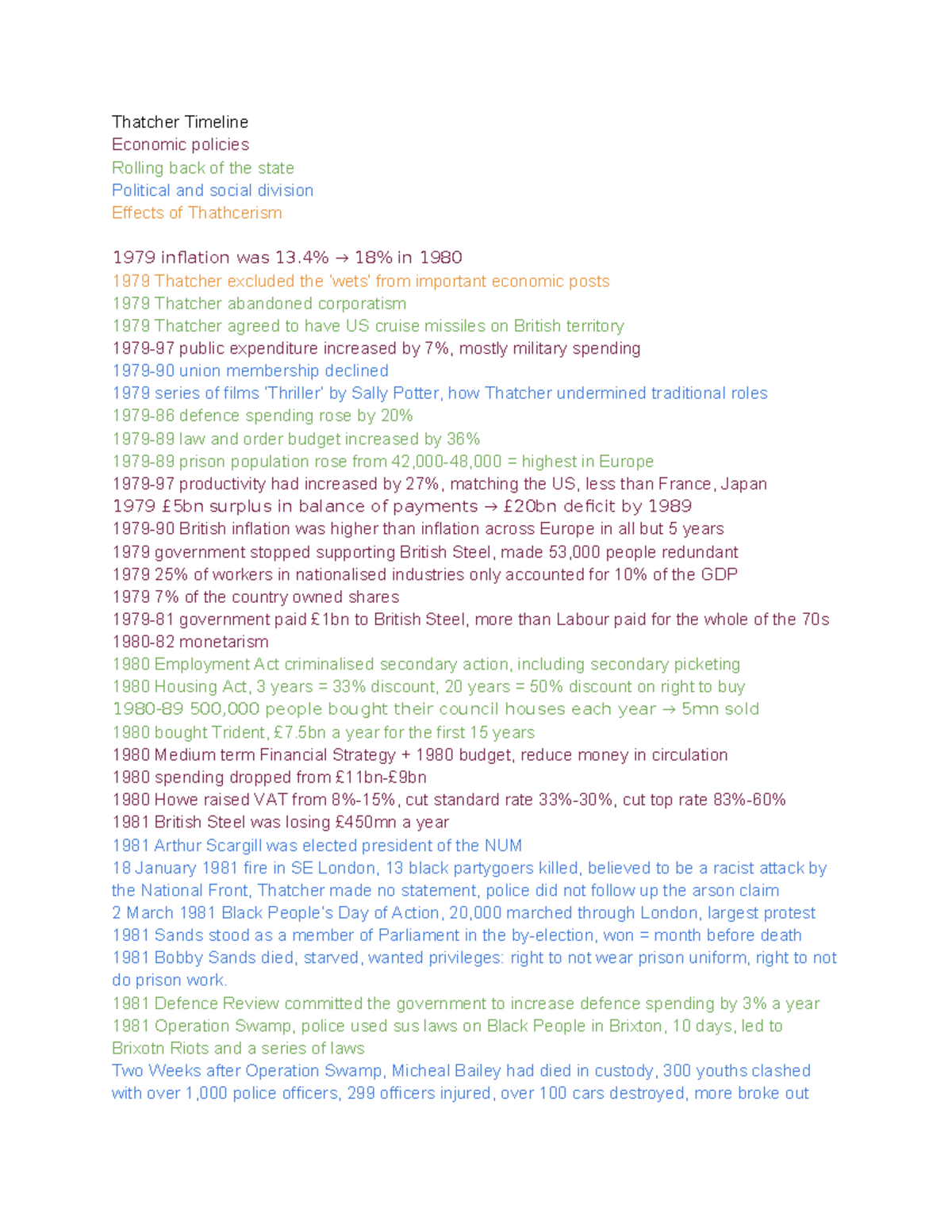 Thatcher Timeline: Economic Policies and Social Impact (HIST 101) - Studocu
