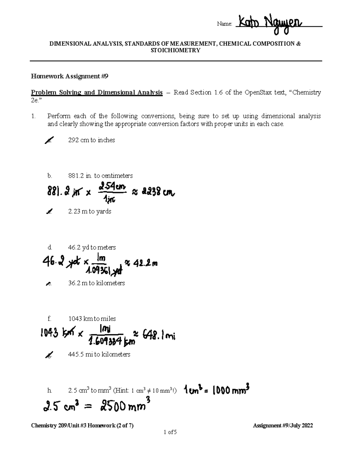 Chemistry 209 - Unit #3 Homework Assignment #9 (Dimensional Analysis) - Studocu