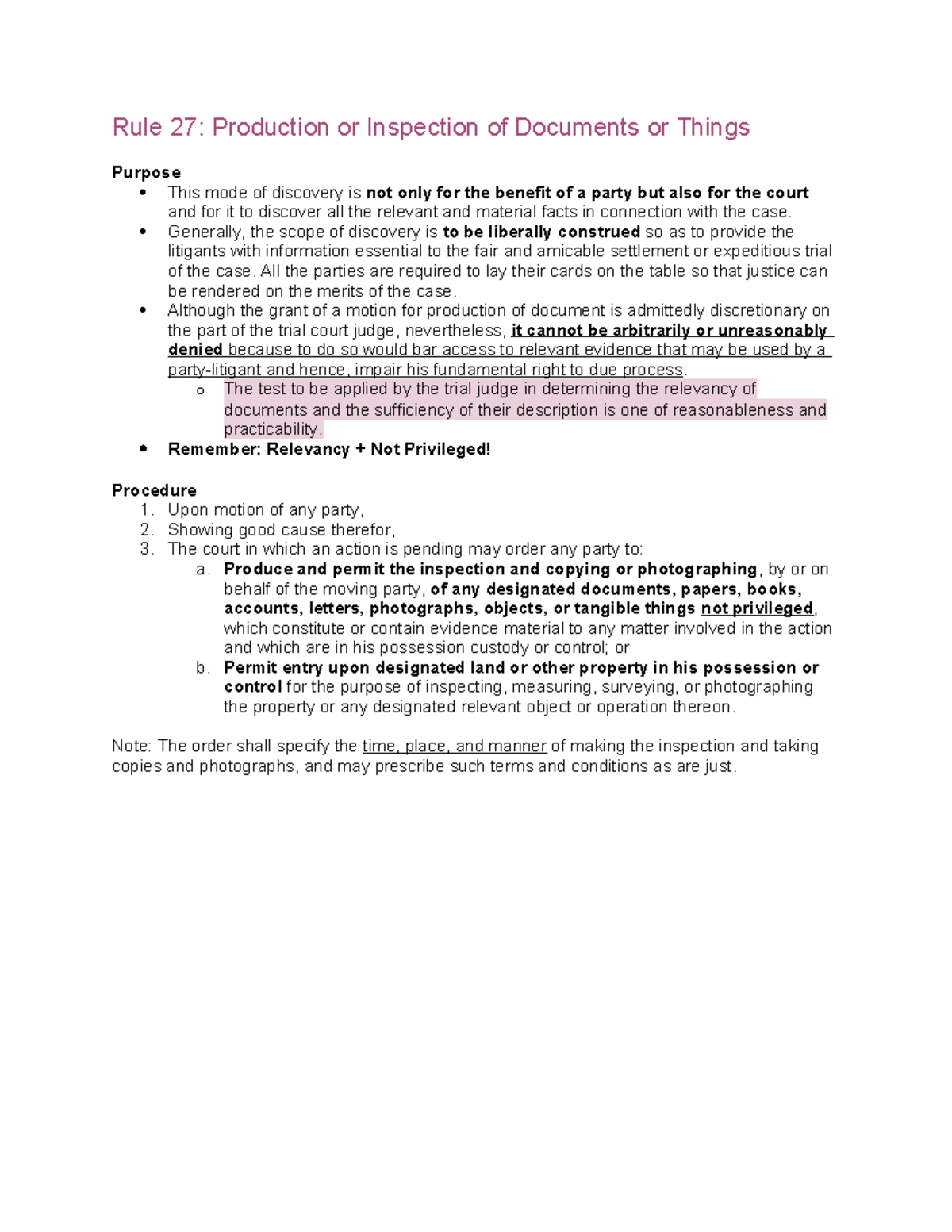 Civpro Notes: Rule 27 - Production or Inspection of Documents - Studocu