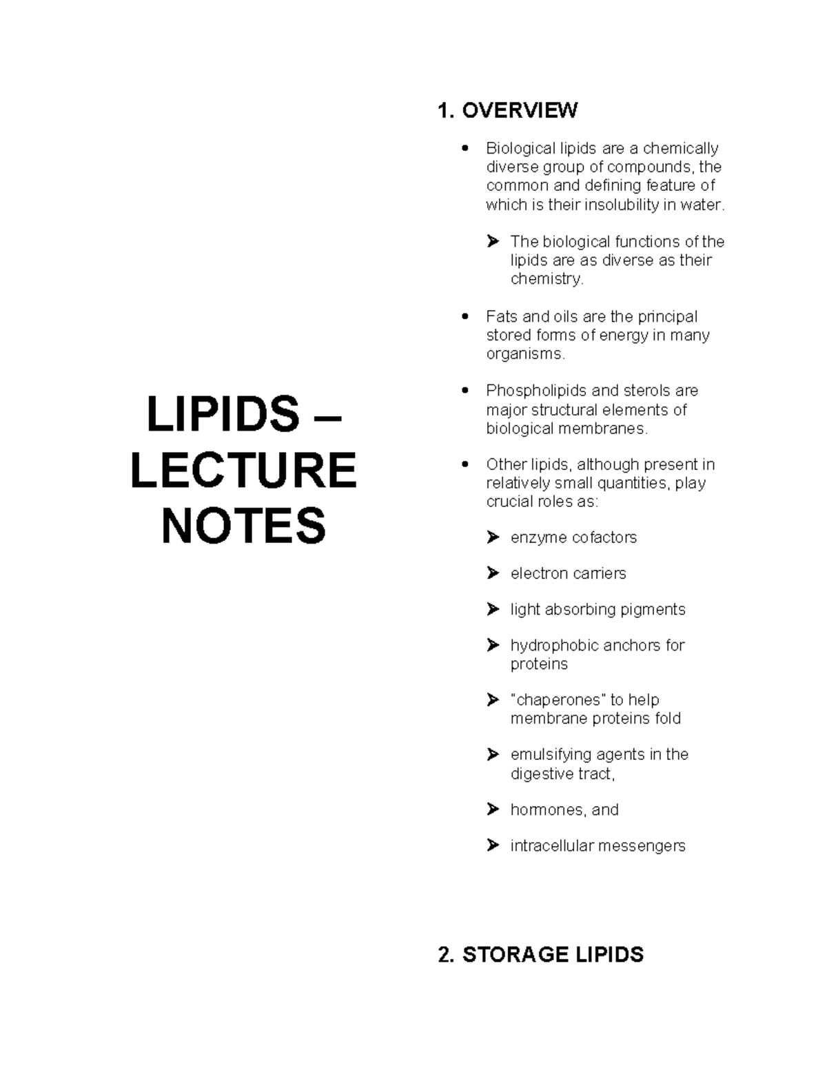 Lipids Lecture Notes V1: Key Concepts and Biological Functions - Studocu