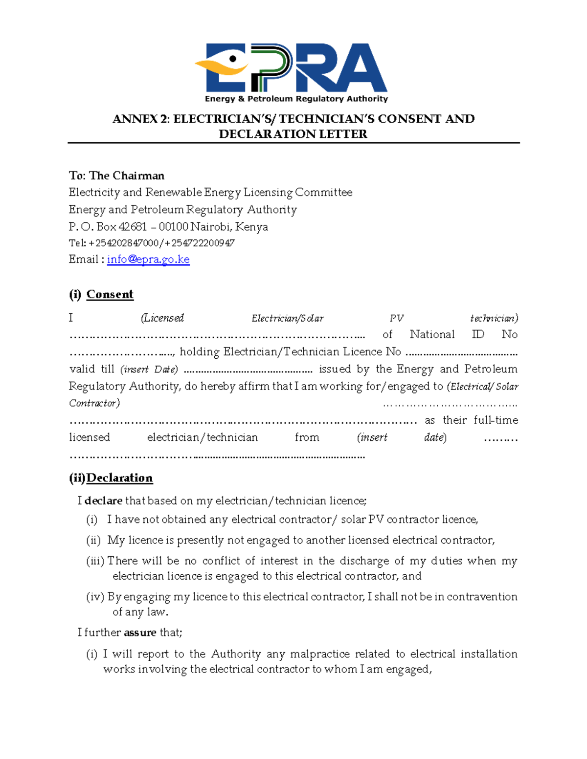 Consent and Declaration Letter for Licensed PV Technicians - Studocu