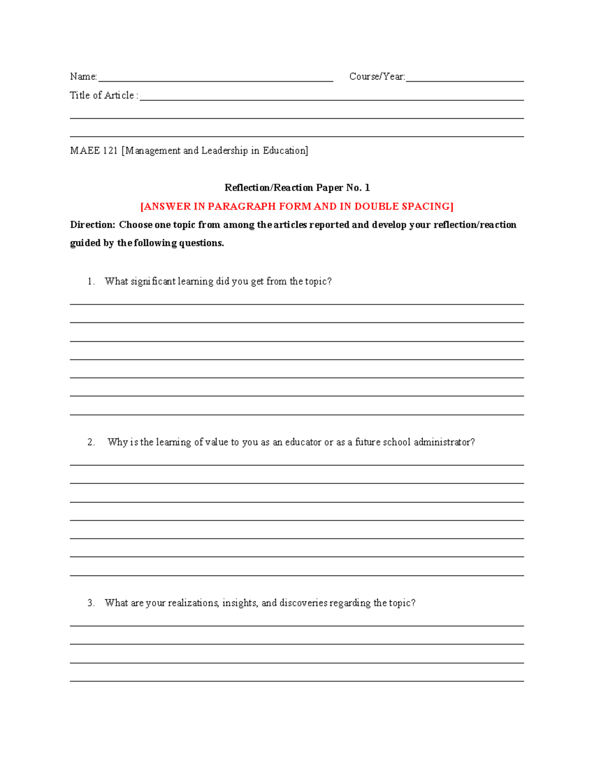 Reaction Reflection Paper No. 1 - Name ...