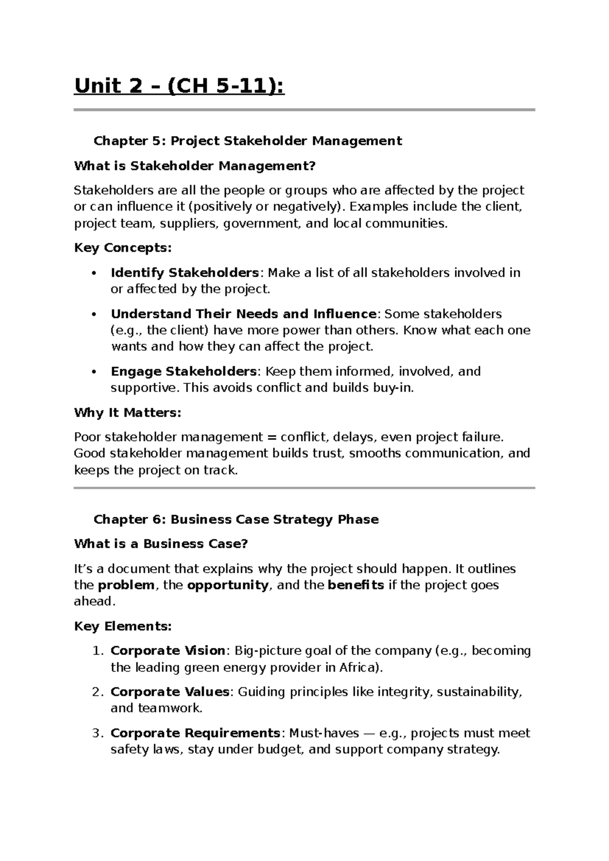 Unit 2 - Comprehensive Notes on Project Stakeholder & Management ...