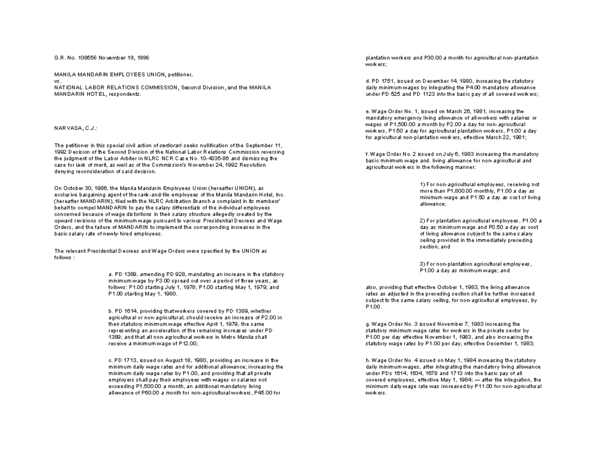 Labor Cases (Full Text) - G. No. 108556 November 19, 1996 MANILA ...