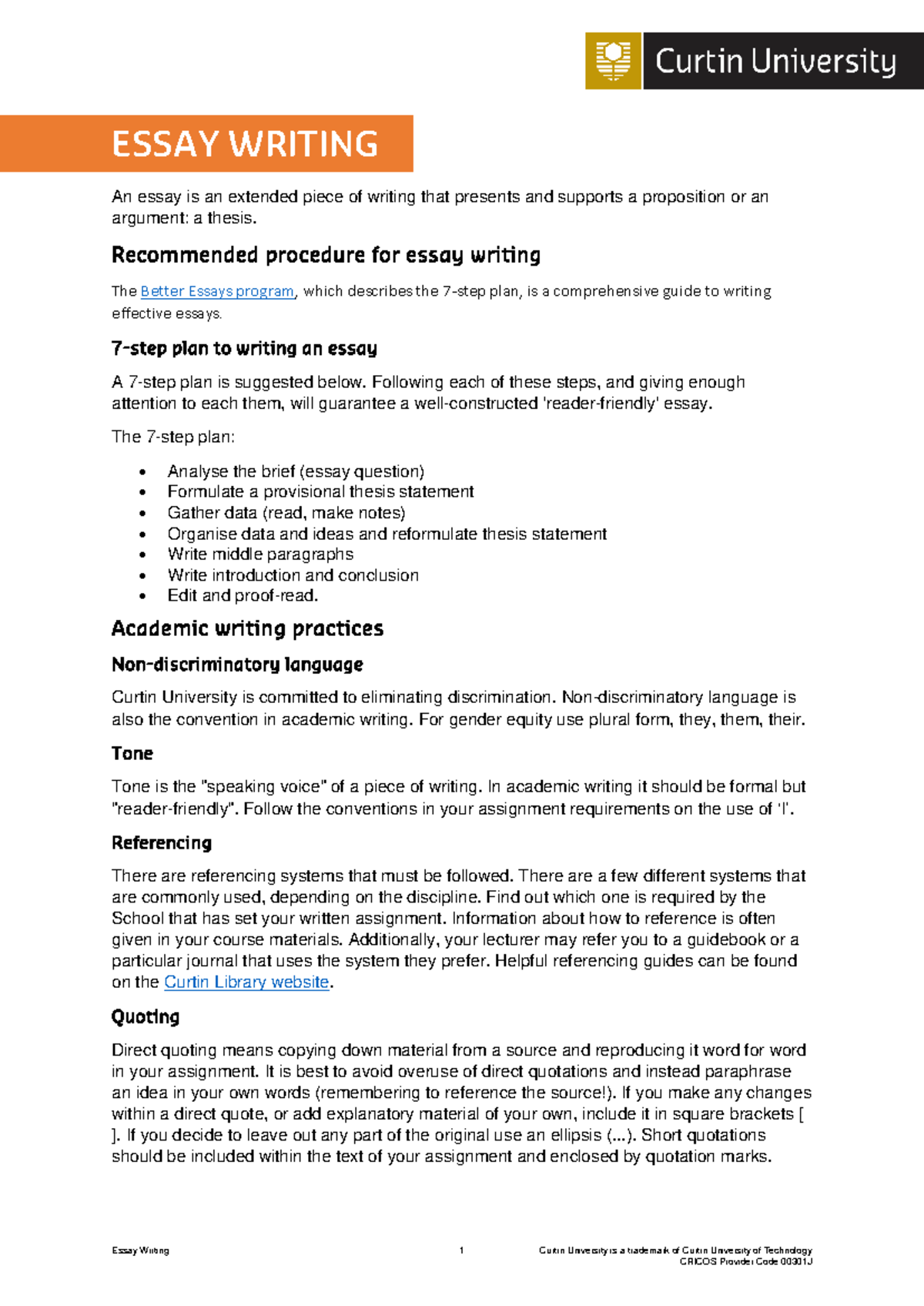 Curtin University Essay Writing Strategies: People, Process & Evidence ...