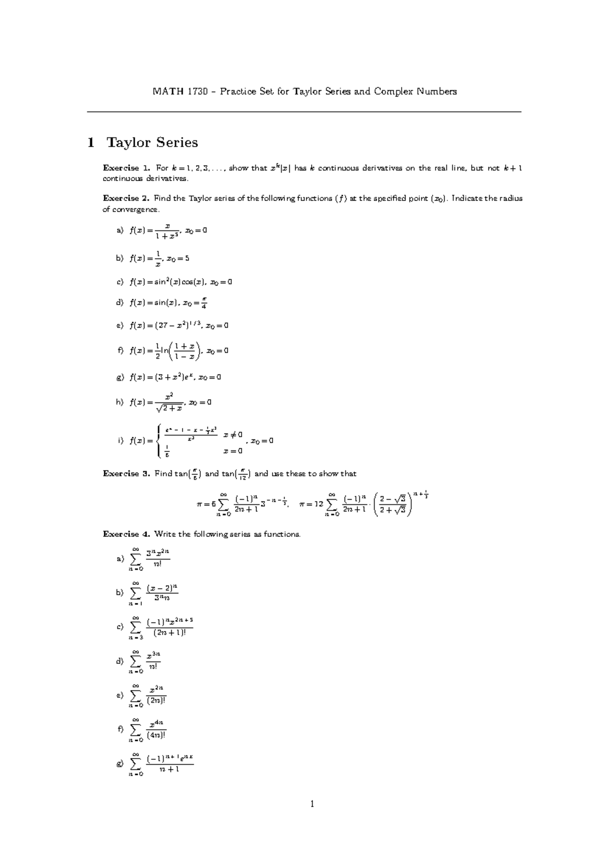 MATH 1730 Exercise Set 10 - Taylor Series & Complex Numbers - Studocu
