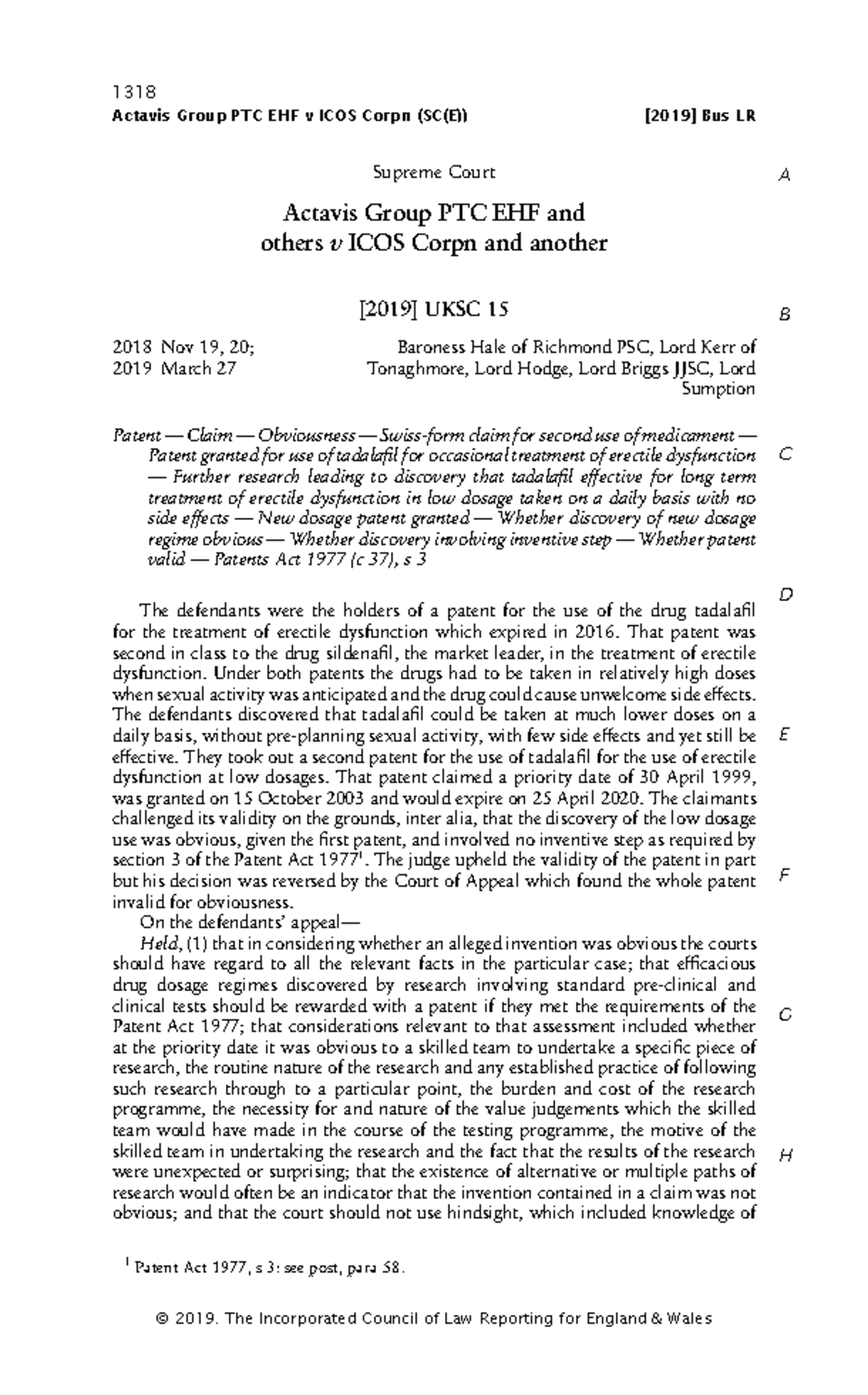 1318 Actavis Group PTC EHF v ICOS Corpn (SC(E)) - Patent Obviousness ...