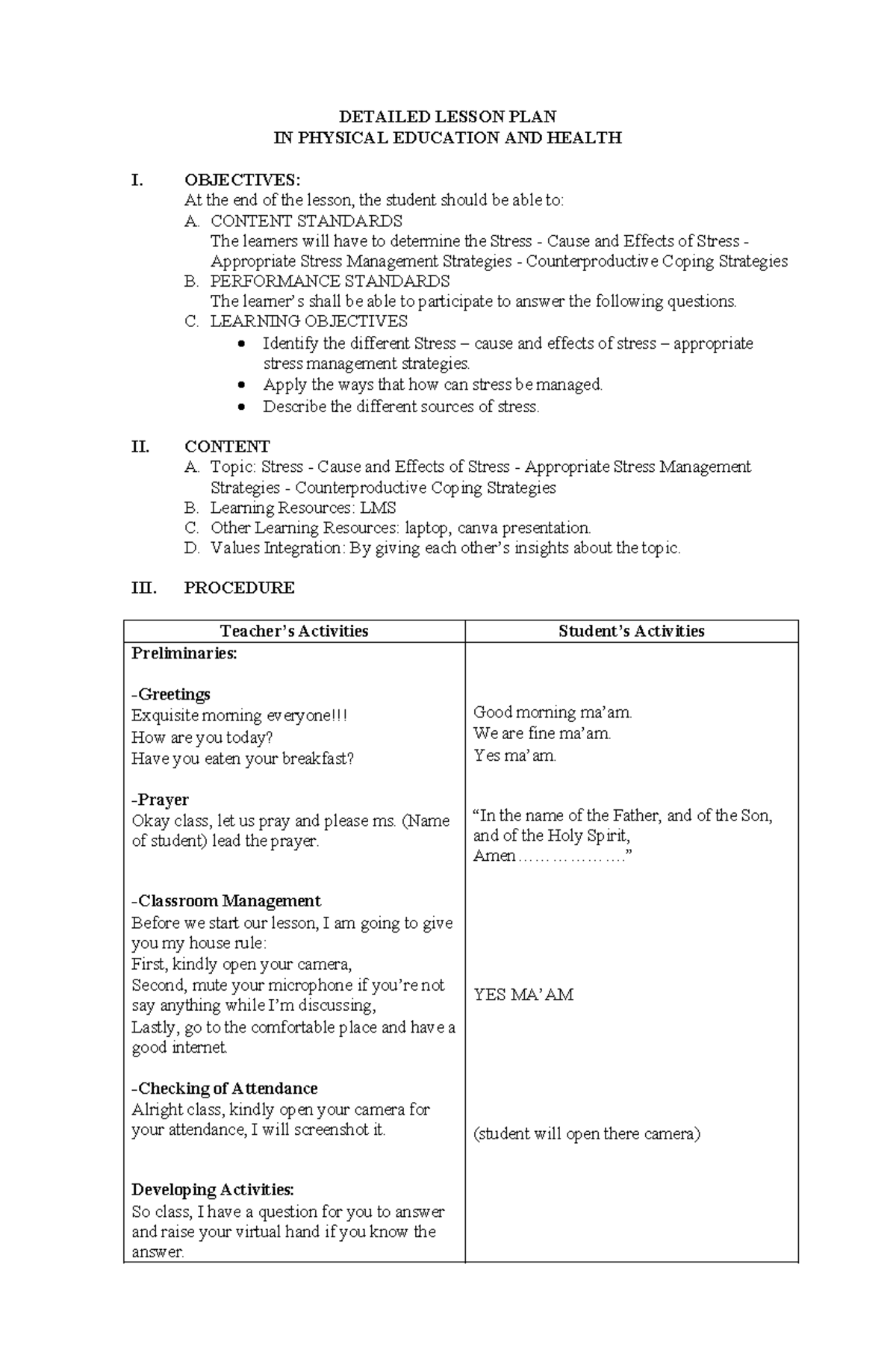 Detailed Lesson Plan: Stress Management in PE & Health I - Studocu