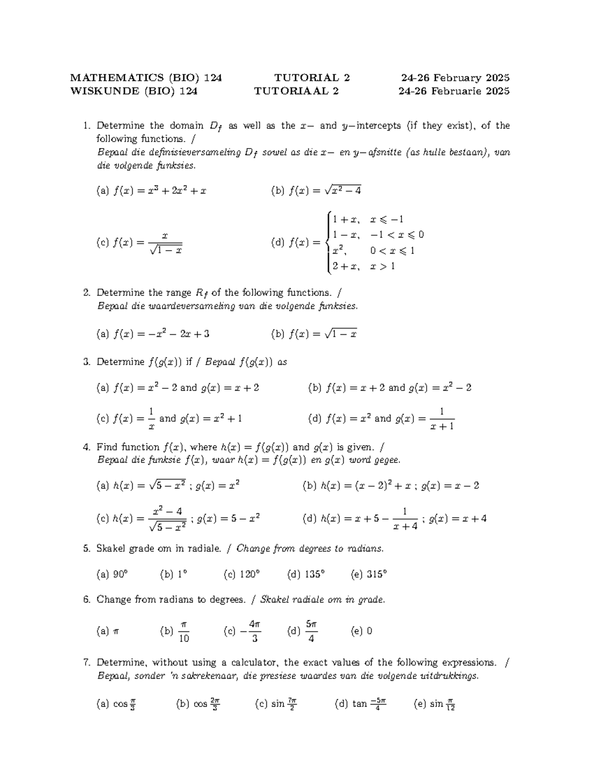 MATHEMATICS (BIO) 124 TUTORIAL 2 EXERCISES & SOLUTIONS - Studocu