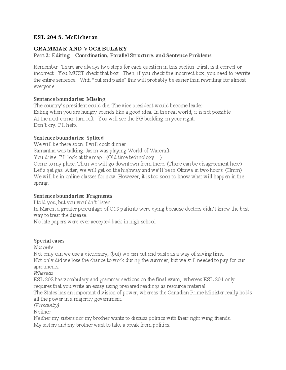 ESL 204 S. McElcheran Grammar & Vocabulary: Editing Practice - Studocu