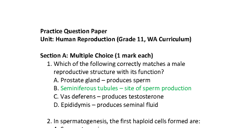Practice Question Paper: Human Reproduction (Grade 11, WA Curriculum ...