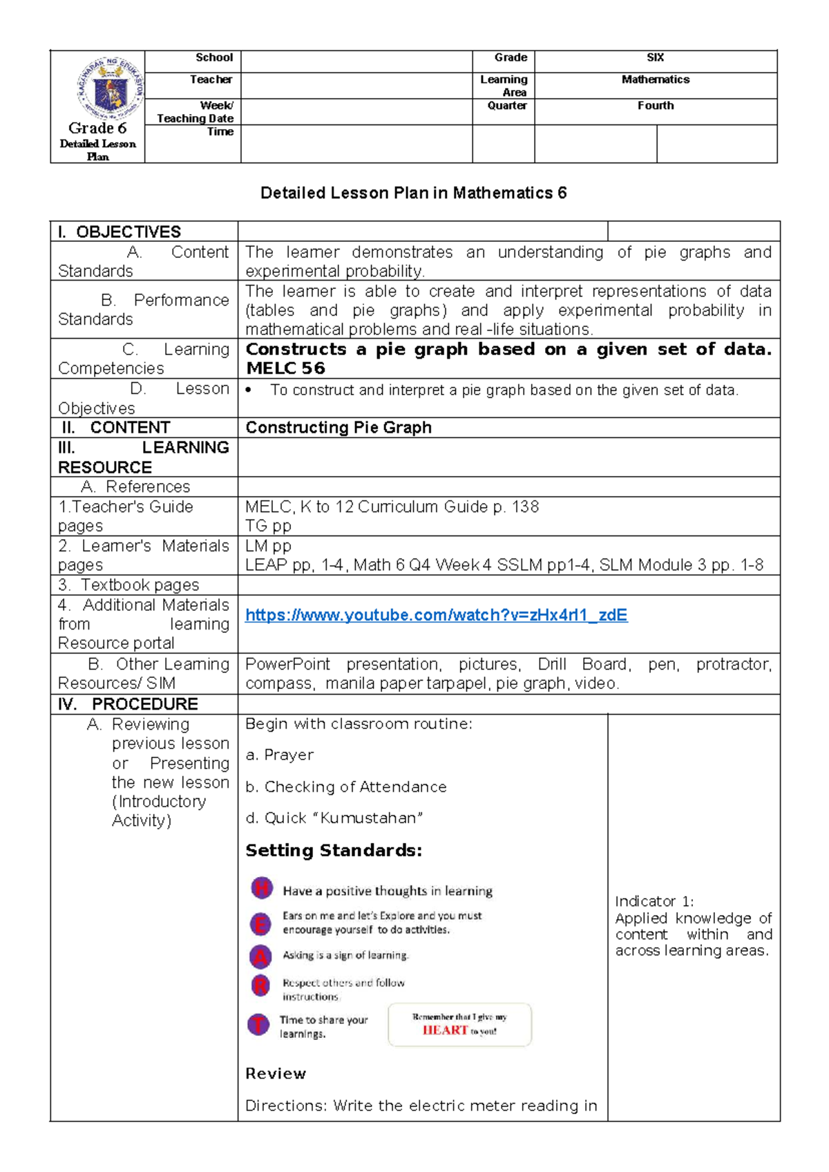 COT MATH 6 Q4 W4 - Detailed Lesson Plan on Pie Graphs and Probability ...