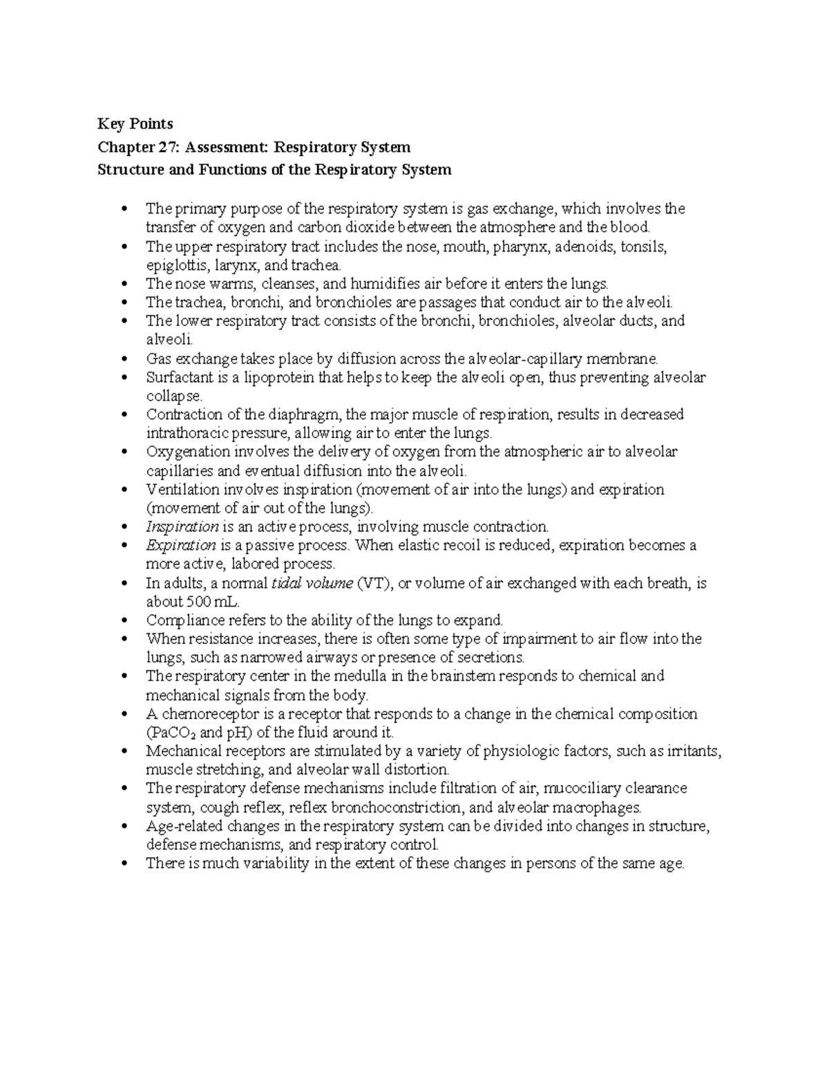 Week 3 Key Points Respiratory Assessment Upper & Lower Problems - Key Points Chapter 27 ...