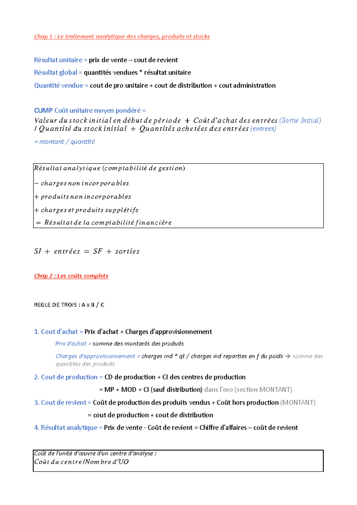 Formules Essentielles en Contrôle de Gestion - Chapitres 1 & 2 - Studocu