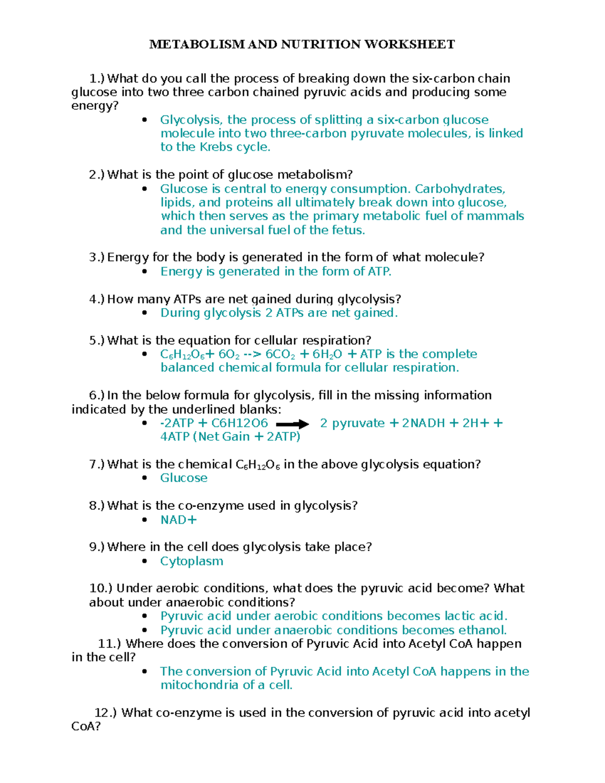 BIOS256 Metabolism and Nutrition Worksheet - METABOLISM AND NUTRITION ...