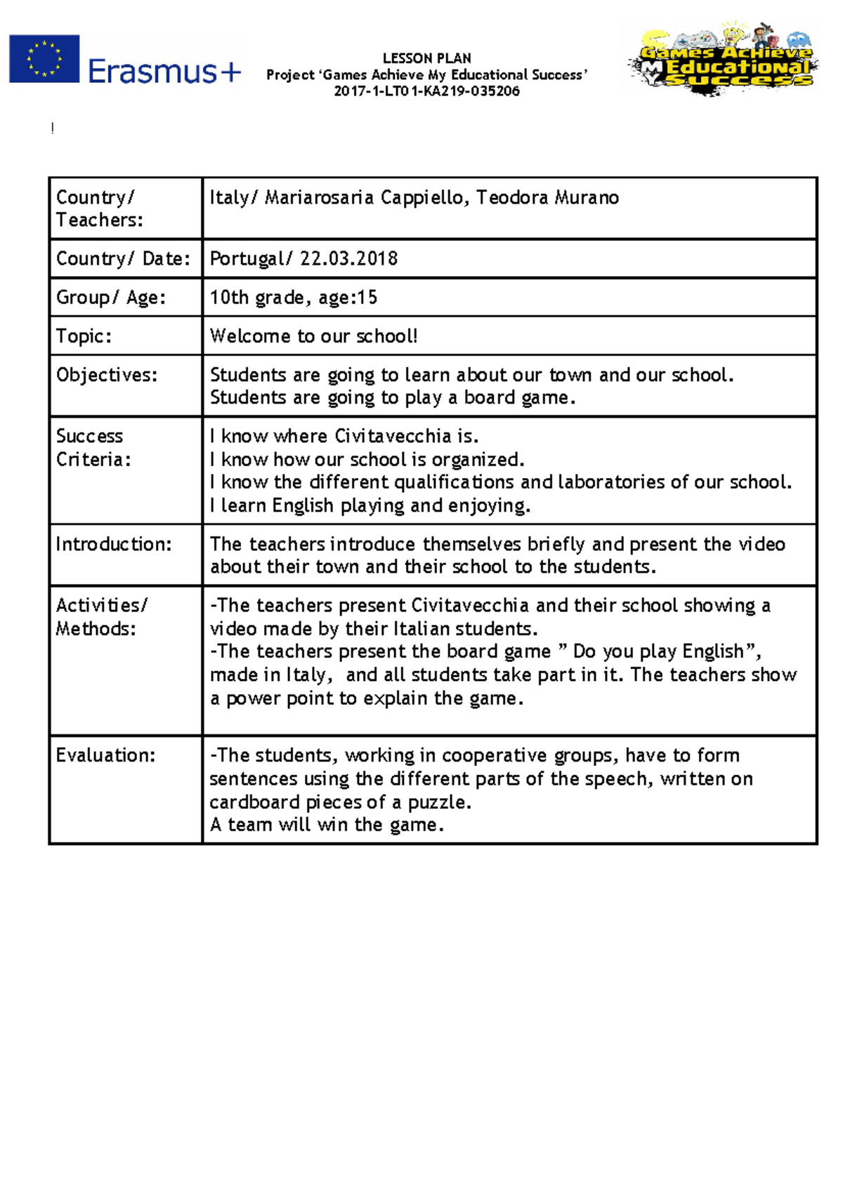 Games - LESSON PLAN Project ‘Games Achieve My Educational Success’ 2017 ...