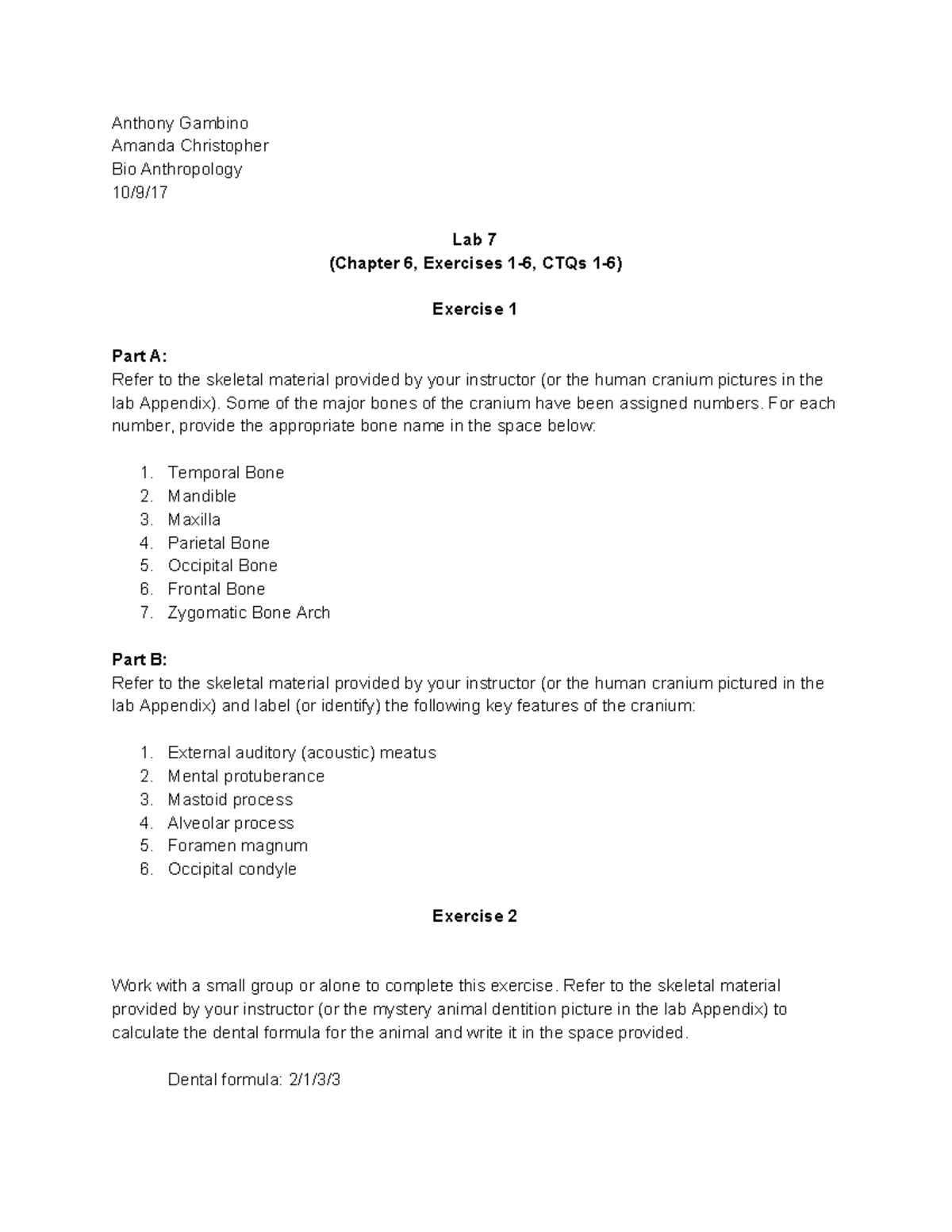 LAB 7 - Bio Anthropology Lab on Skeletal Structures and Functions - Studocu