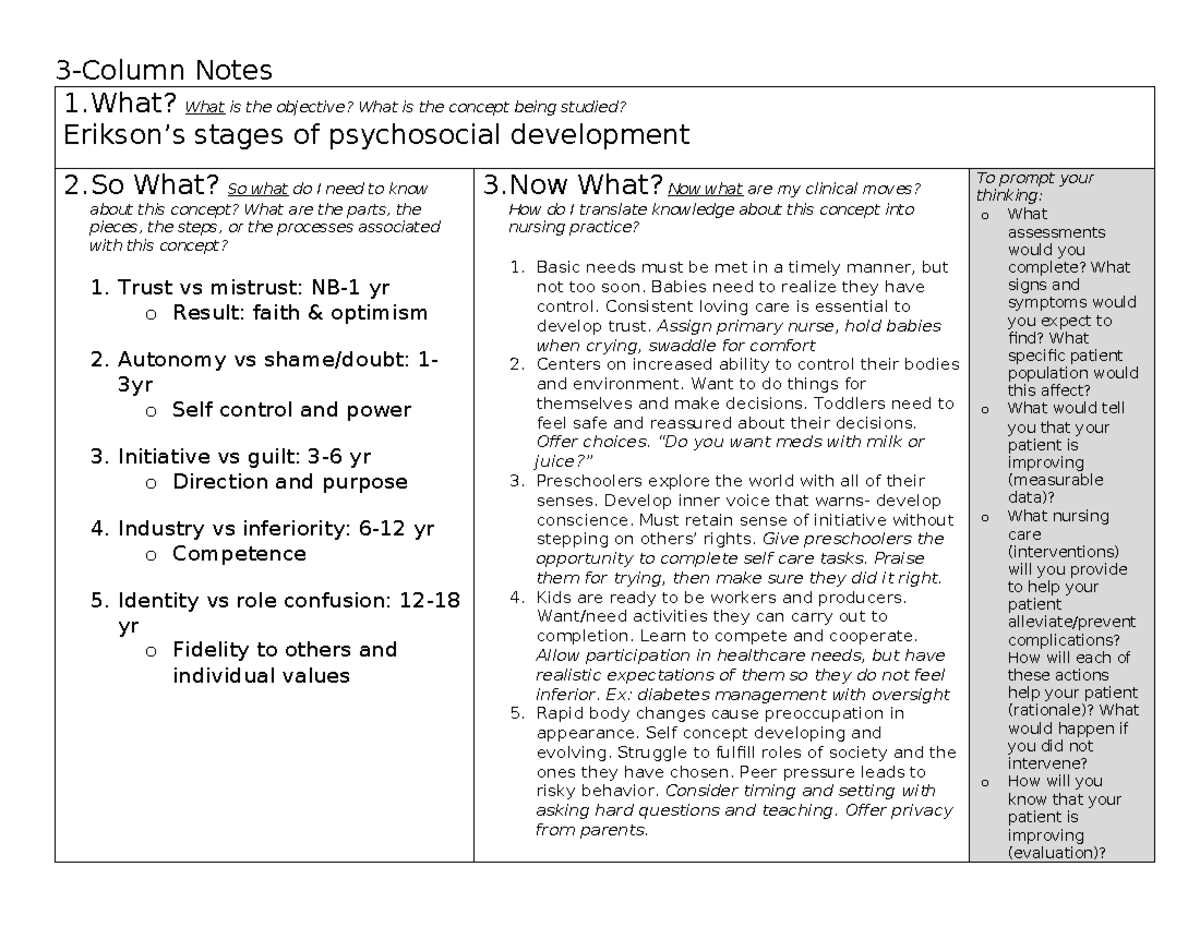 Erikson's Stages of Psychosocial Development - 3-Column Notes - Studocu