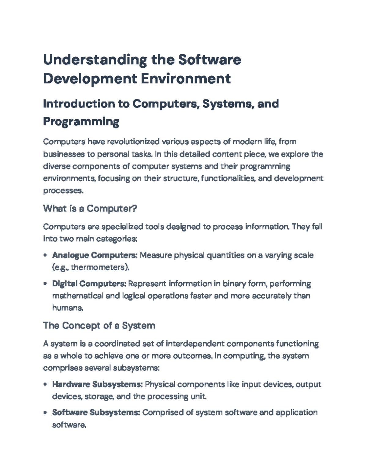 Understanding Computer Systems and Software Development Processes ...