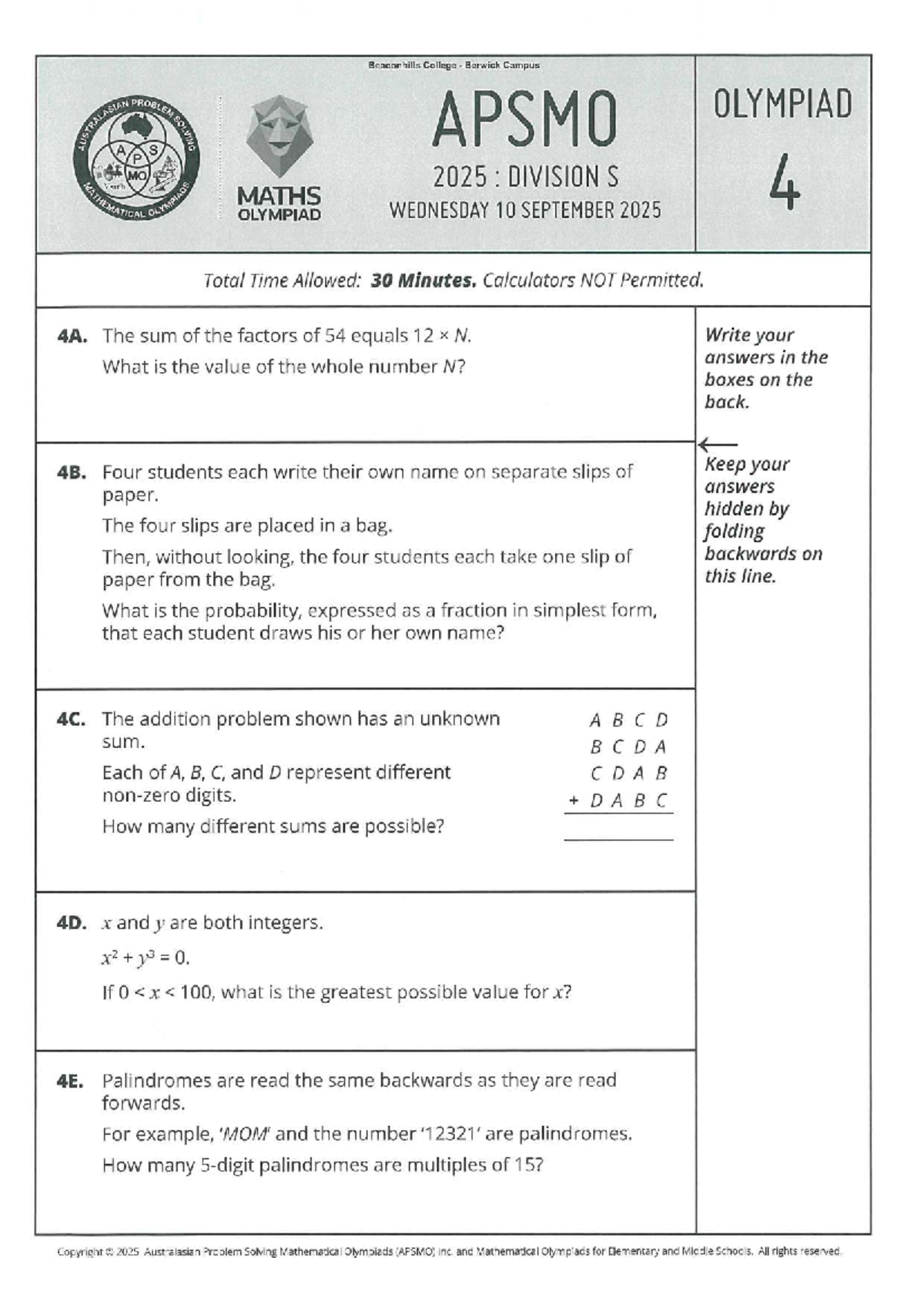 APSMO 2025: Senior Olympiad 4 Questions - Maths Olympiad Exam - Studocu