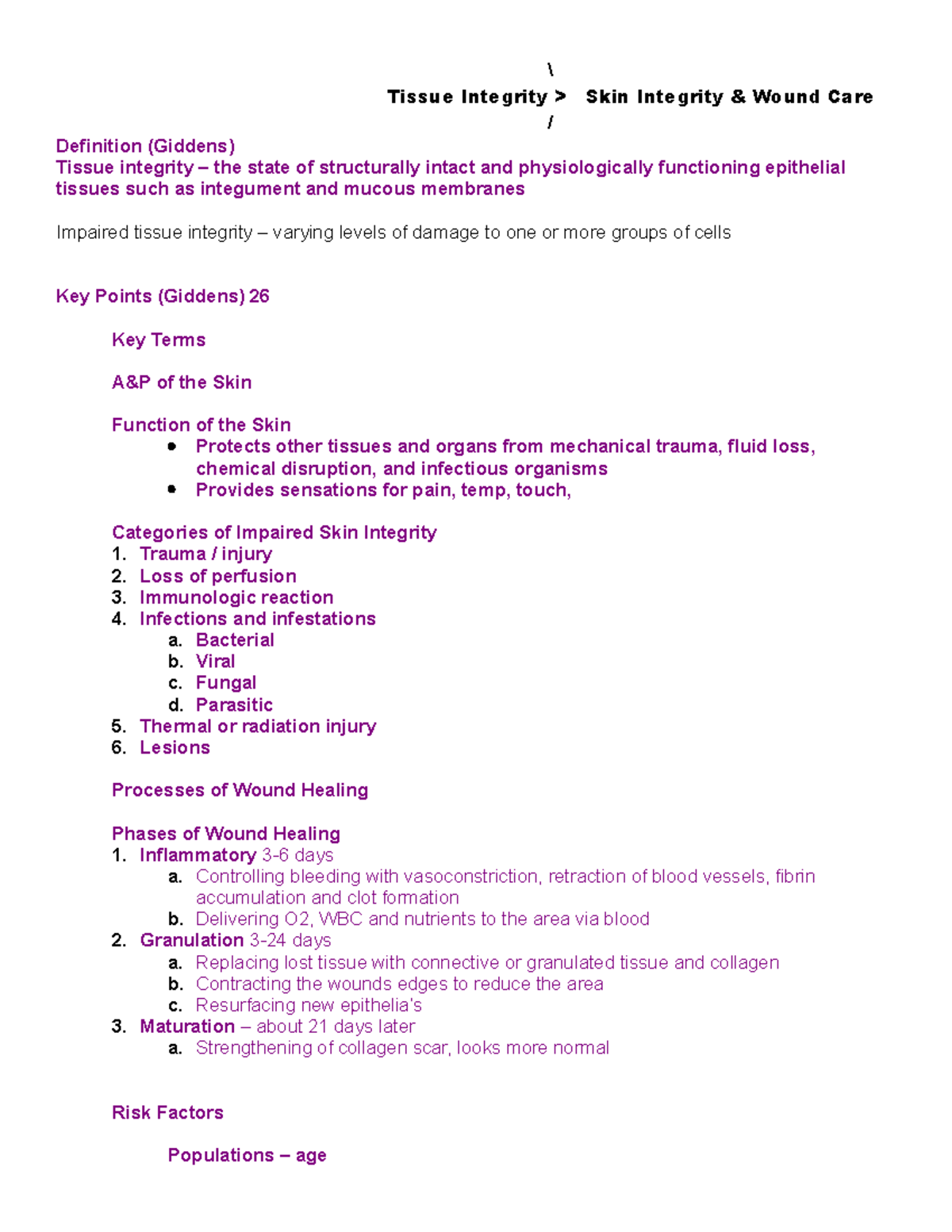 Tissue Integrity Overview: Key Concepts in Wound Care and Healing - Studocu