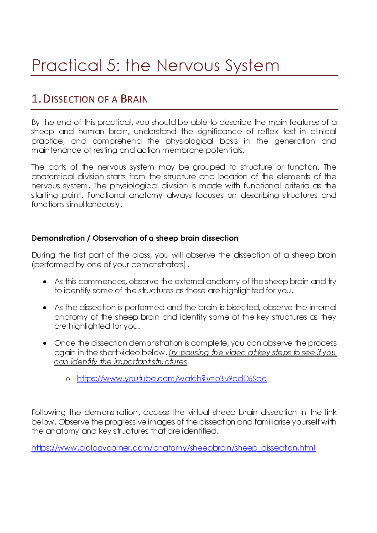 Lab 5 - Nervous System - Lab notes - relevant to assessment - Practical ...