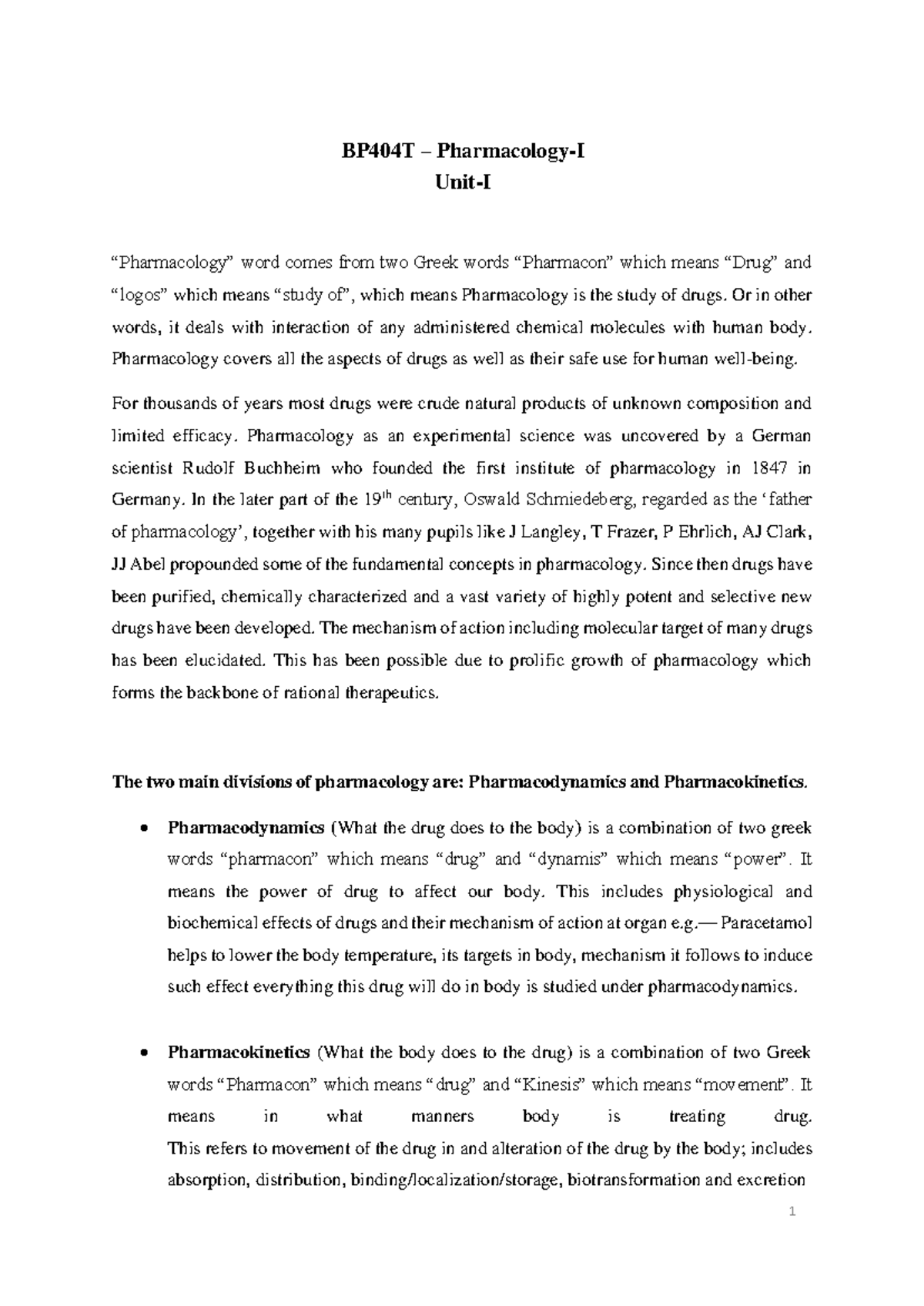 BP404T - Unit I: Introduction to Pharmacology and Drug Mechanisms - Studocu