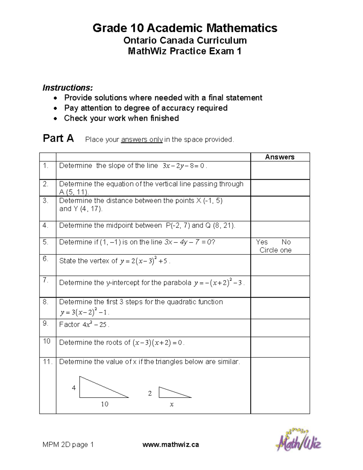 MPM2D Grade 10 Academic Math Practice Exam 1 Solutions - Studocu