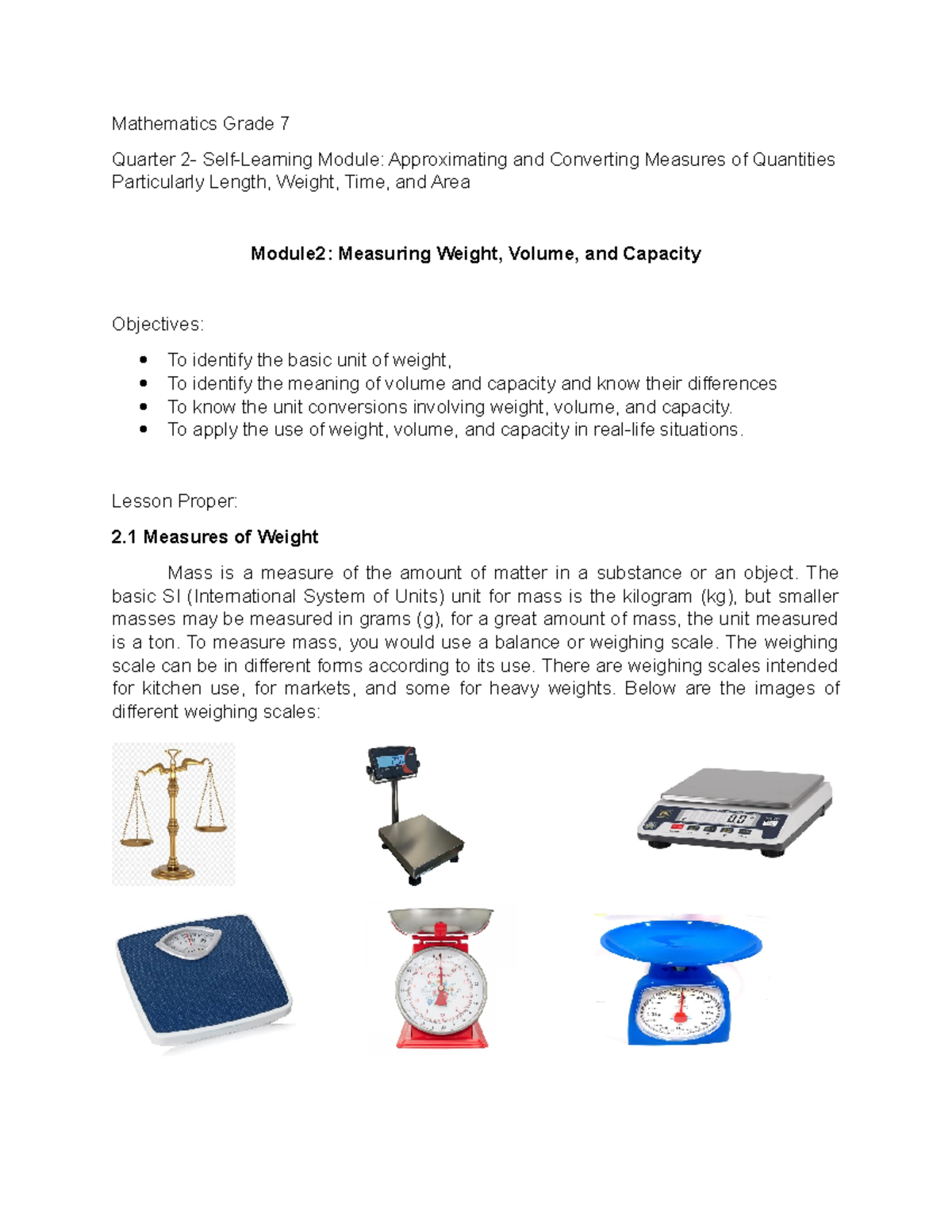 Grade 7 Math Module 2: Measuring Weight, Volume & Capacity - Studocu