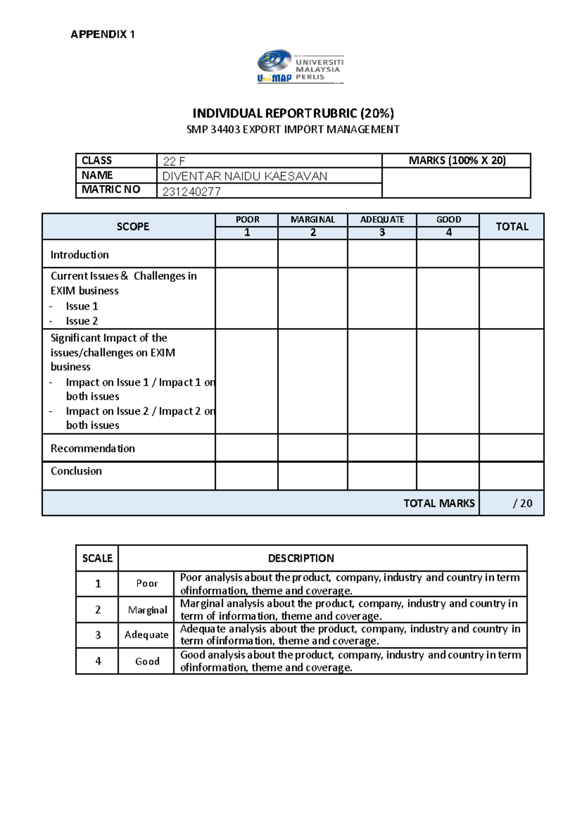 SMP 34403 Individual Report Rubric for Export Import Management - Studocu