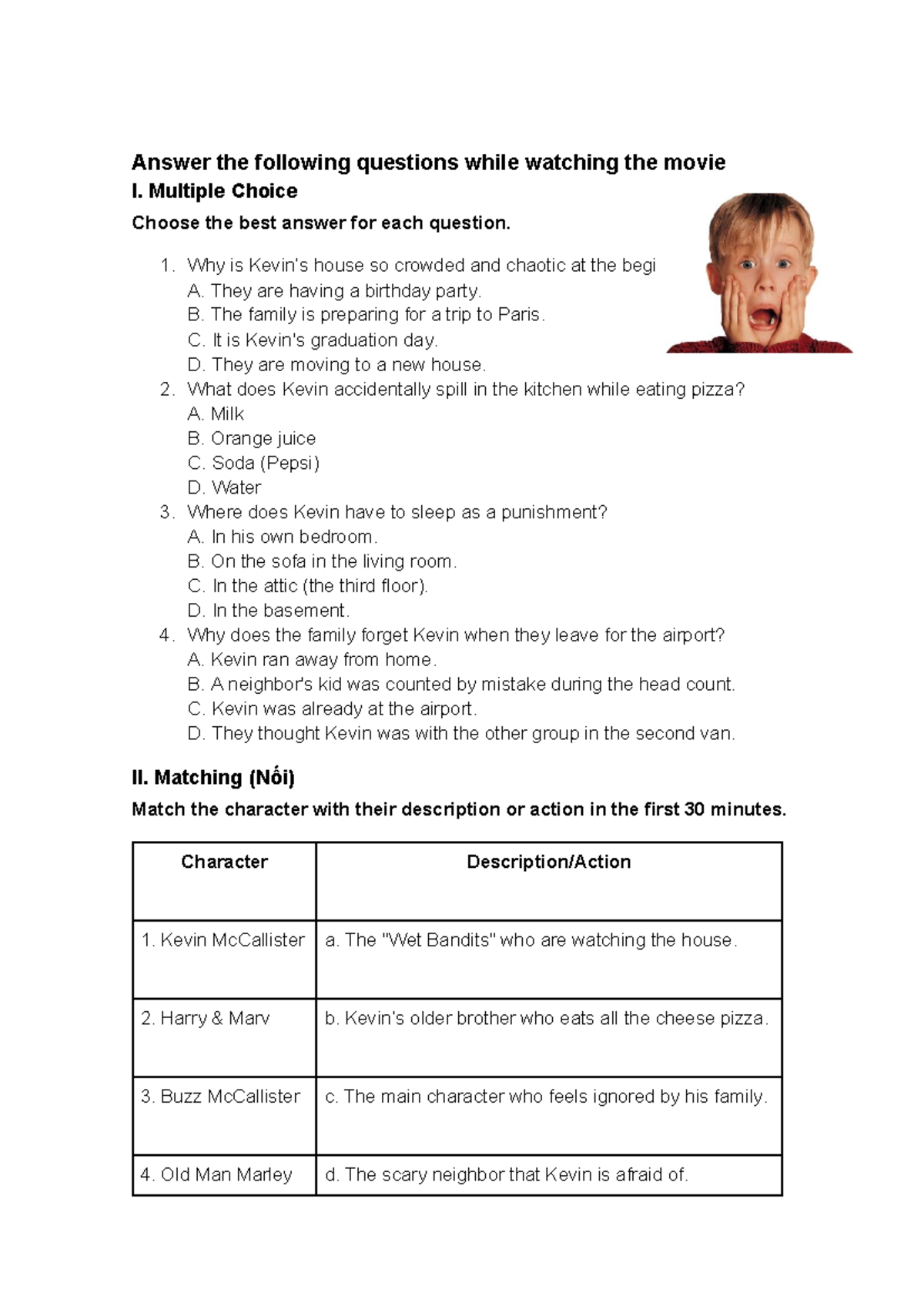 Home Alone Activities: Questions & Fill-in-the-Blank Guide - Studocu