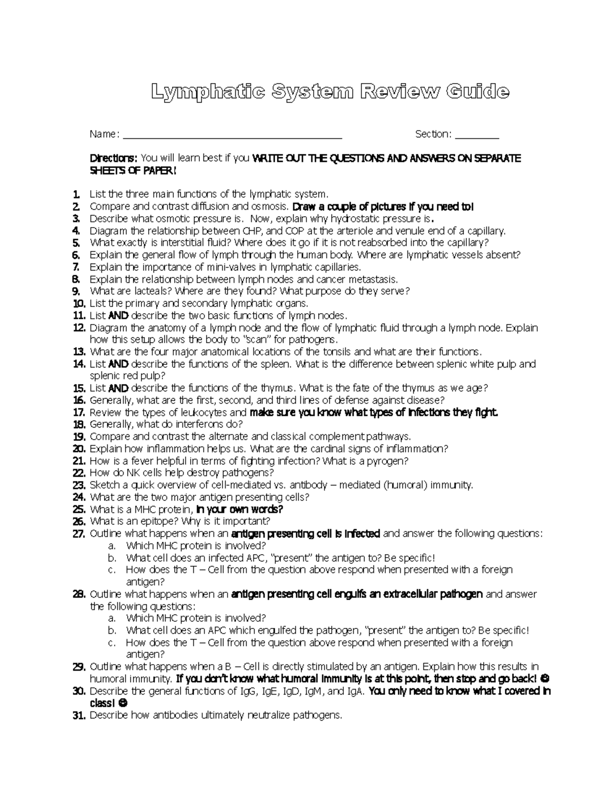 Lymphatic System Review Guide - Name ...