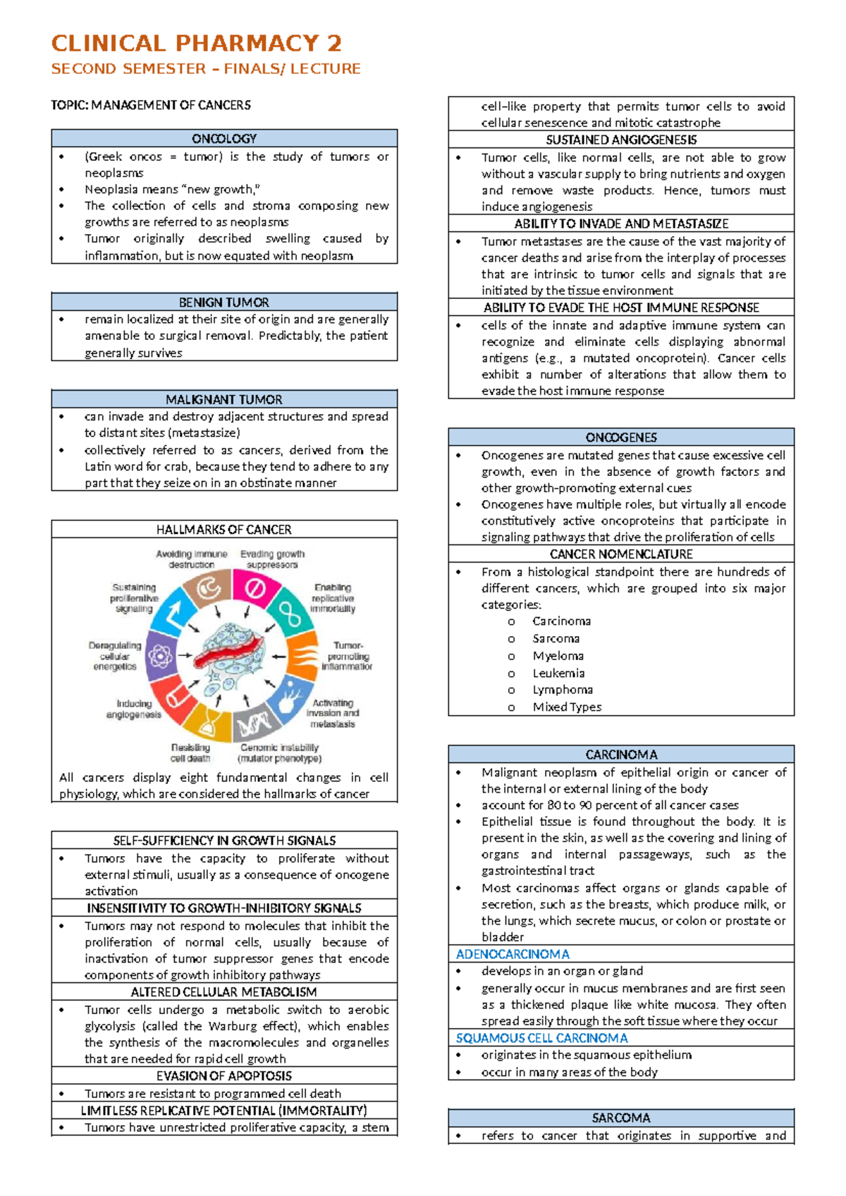CLINICAL PHARMACY 2 SECOND SEMESTER LECTURE: CANCER MANAGEMENT OVERVIEW ...