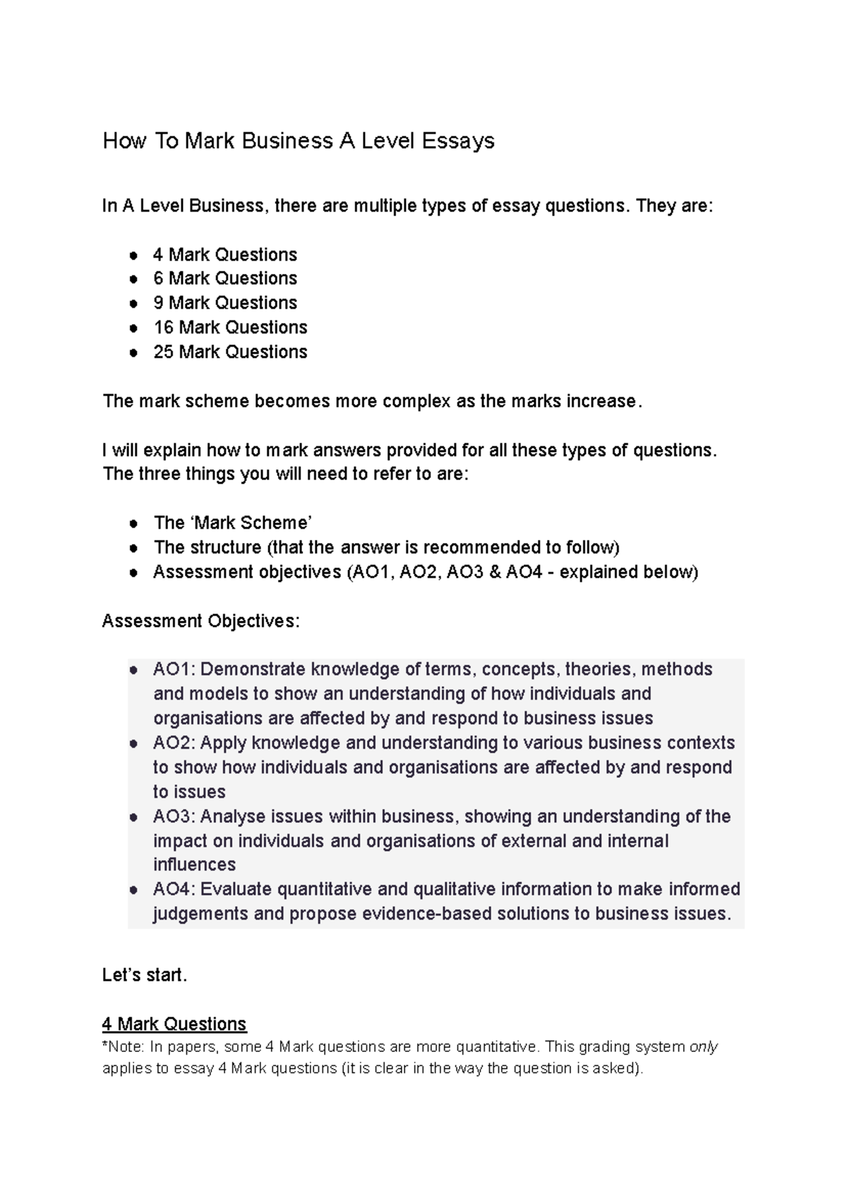 Business A Level Essay Marking Guide: Types & Techniques - Studocu