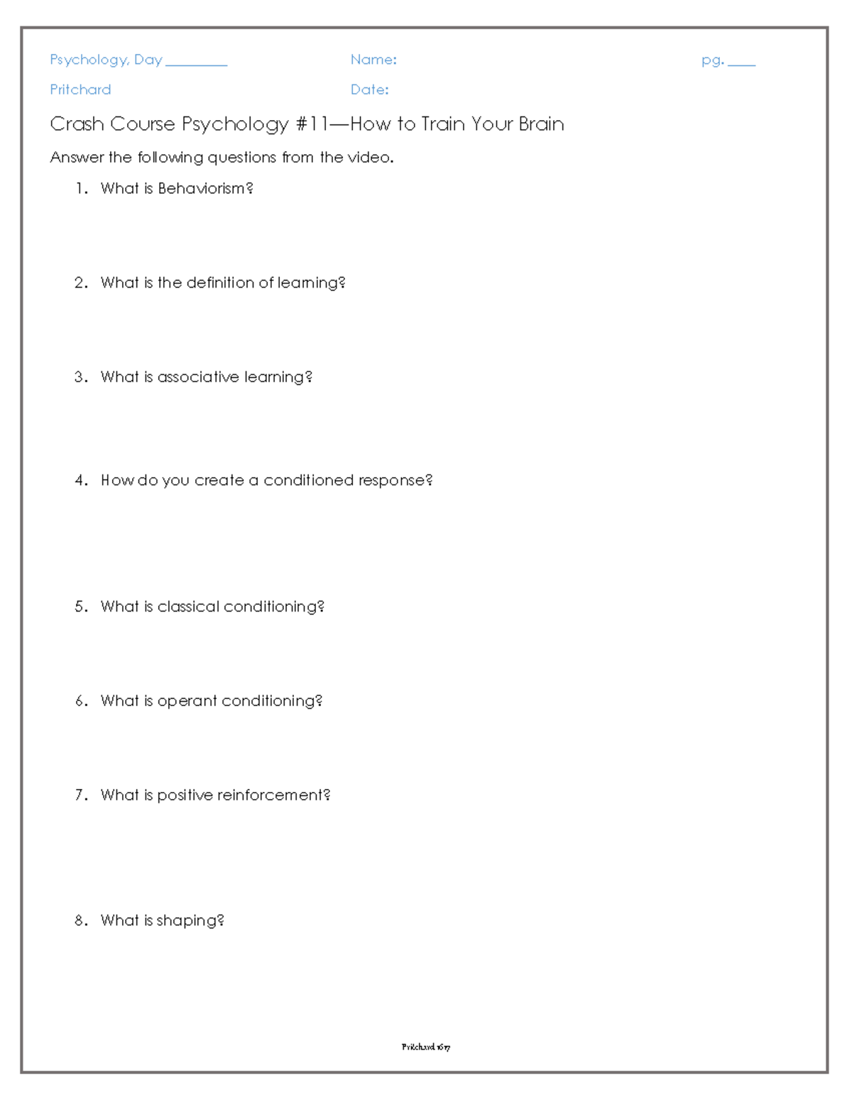 CC Psych 11 - Crash Course Worksheets - Psychology, Day ...