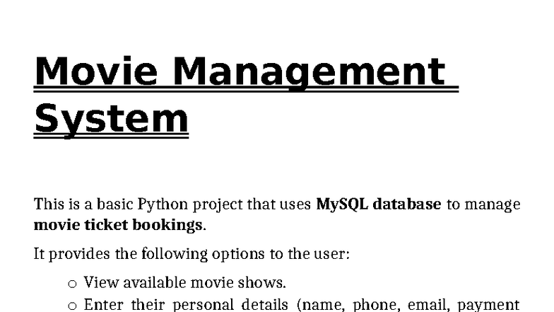 Movie Ticket Management System: A Python & MySQL Project - Studocu