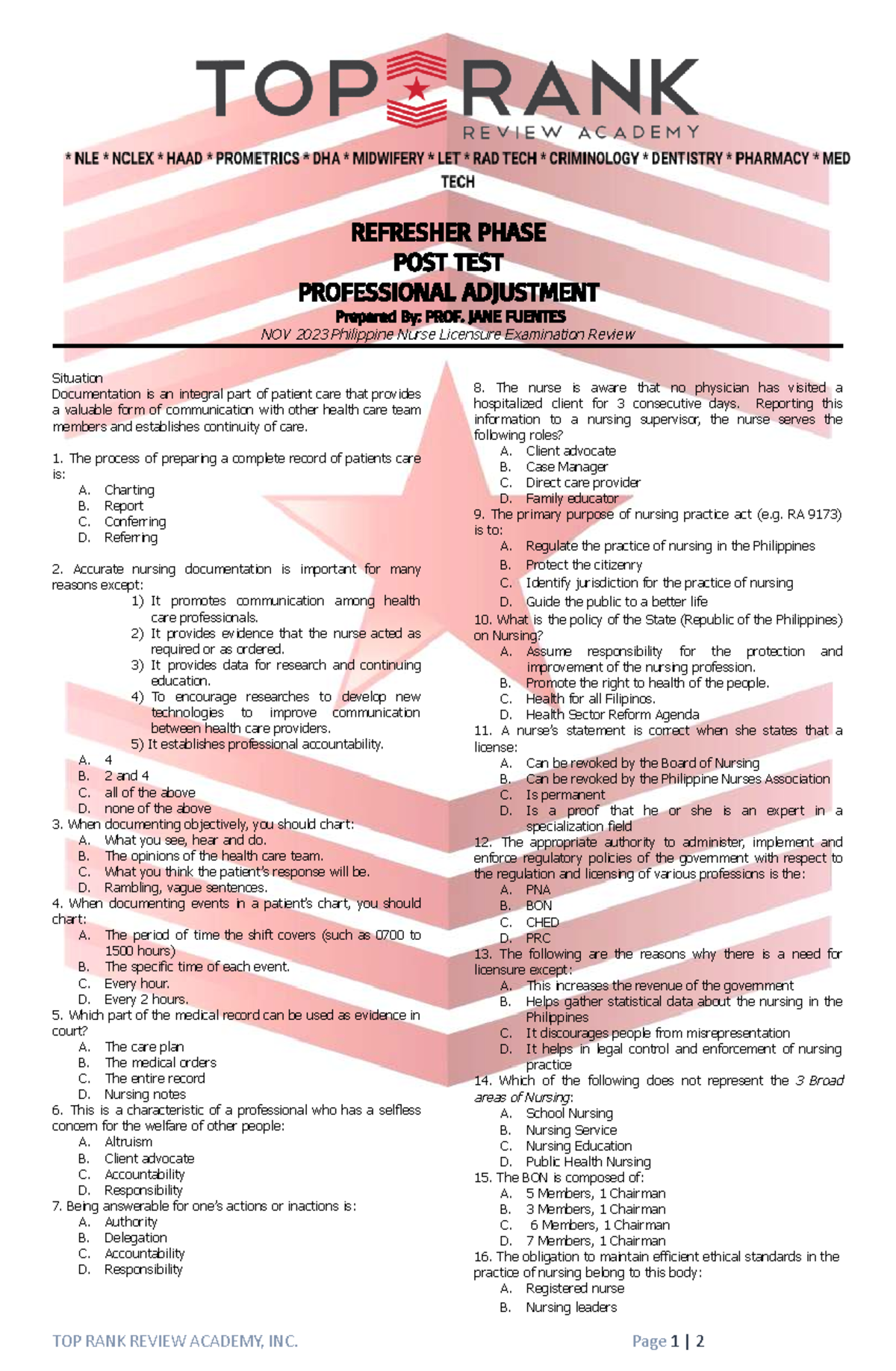 Philippine Nurse Licensure Exam Review: Refresher Post Test - Studocu