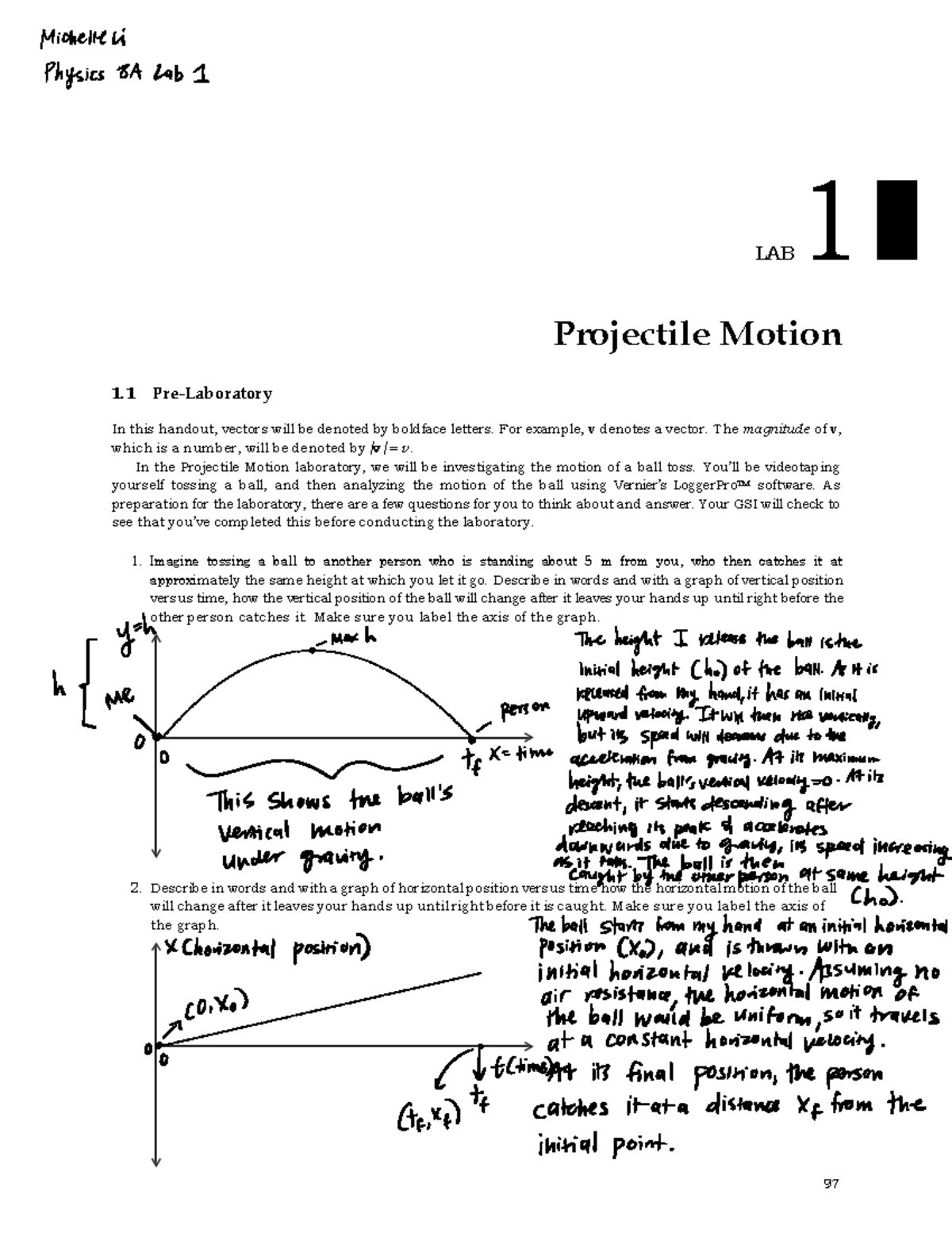Physics 8A Lab 1: Analyzing Projectile Motion with Video Analysis - Studocu
