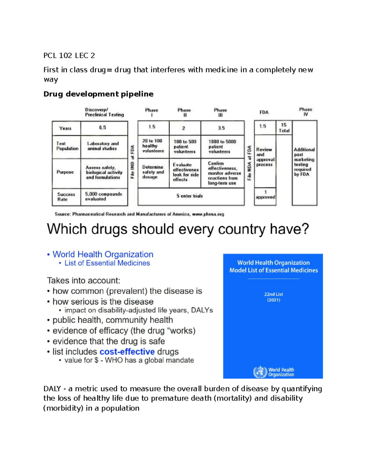 PCL 102 LEC 2 - Lecture Notes on Drug Development and DALY - Studocu