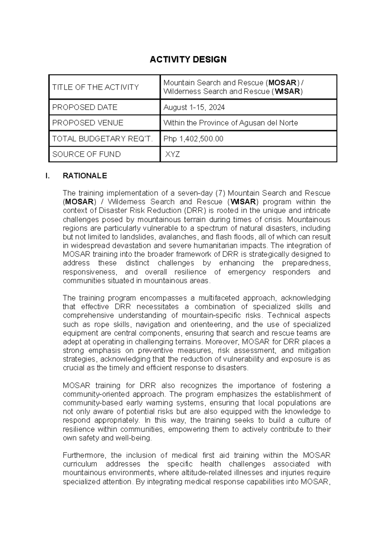 Mountain Search and Rescue (MOSAR) Training for Disaster Risk Reduction ...