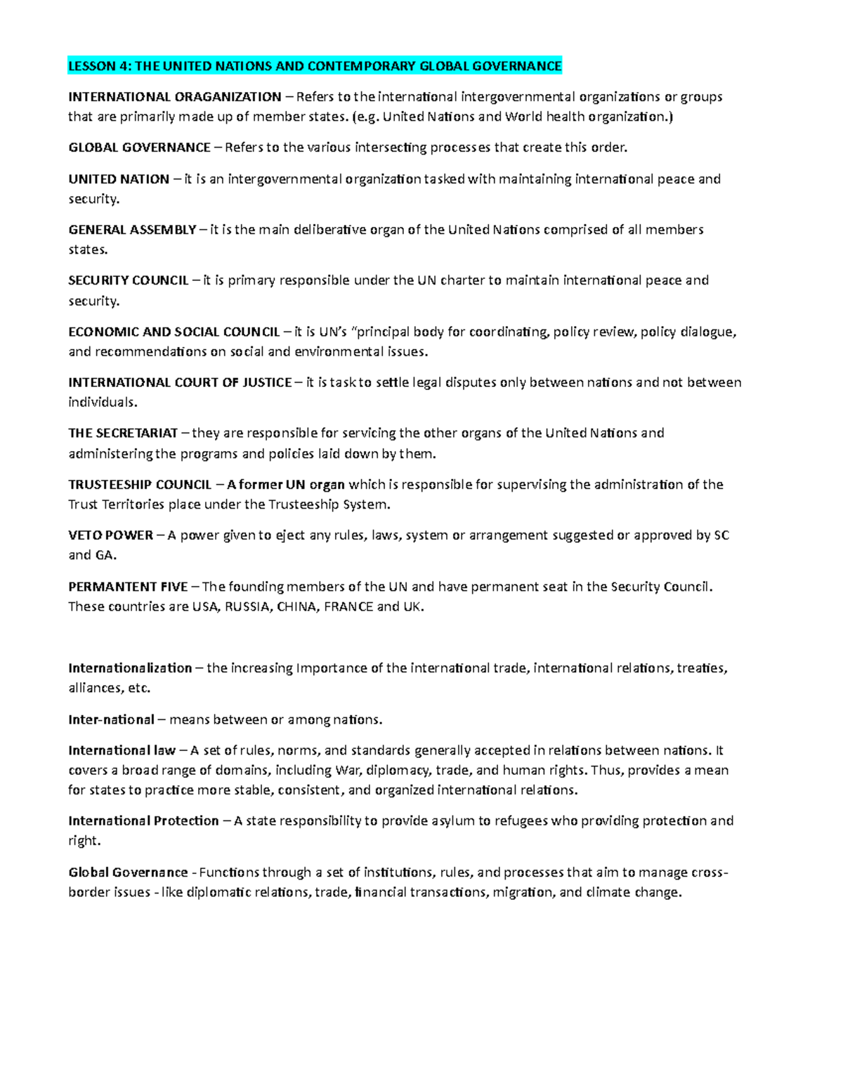 Contemporary World Reviewer: Lesson 4 - The United Nations & Global ...