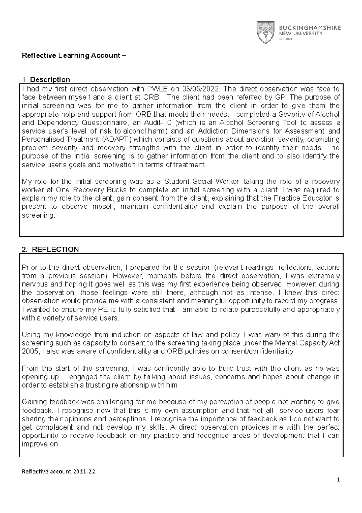 Reflective Account Direct Work 1 - Reflective Learning Account – 1 ...