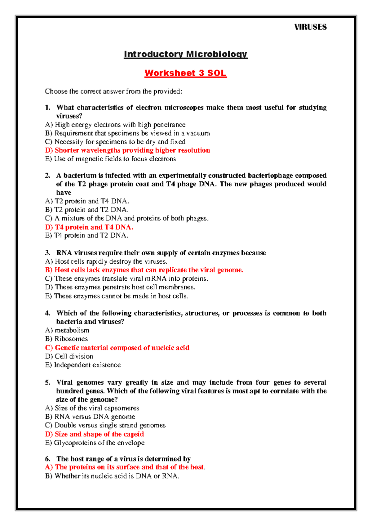 VIRUSES Introductory Microbiology Worksheet 3 Solutions - Studocu