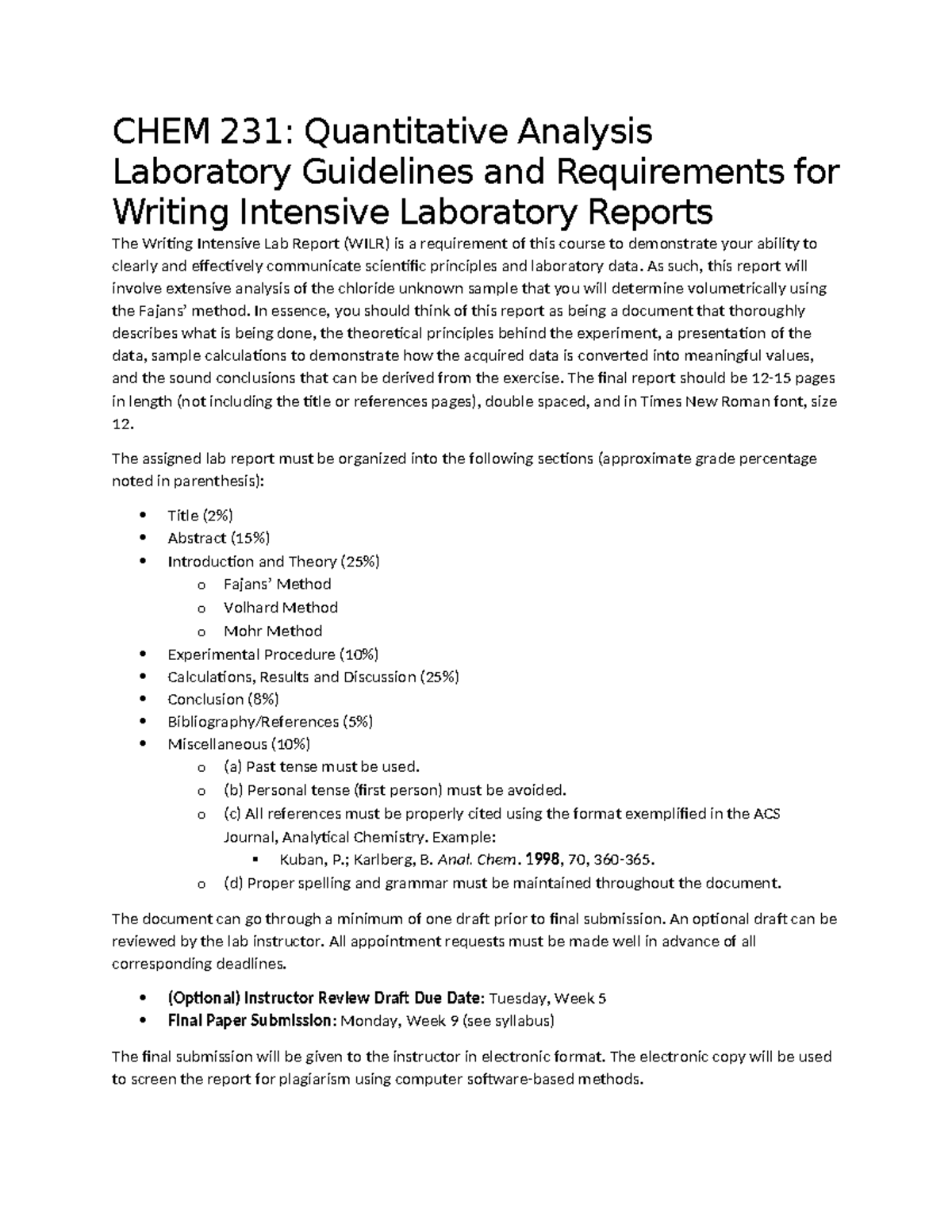 CHEM 231: WILR Guidelines for Quantitative Analysis Lab Reports - Studocu