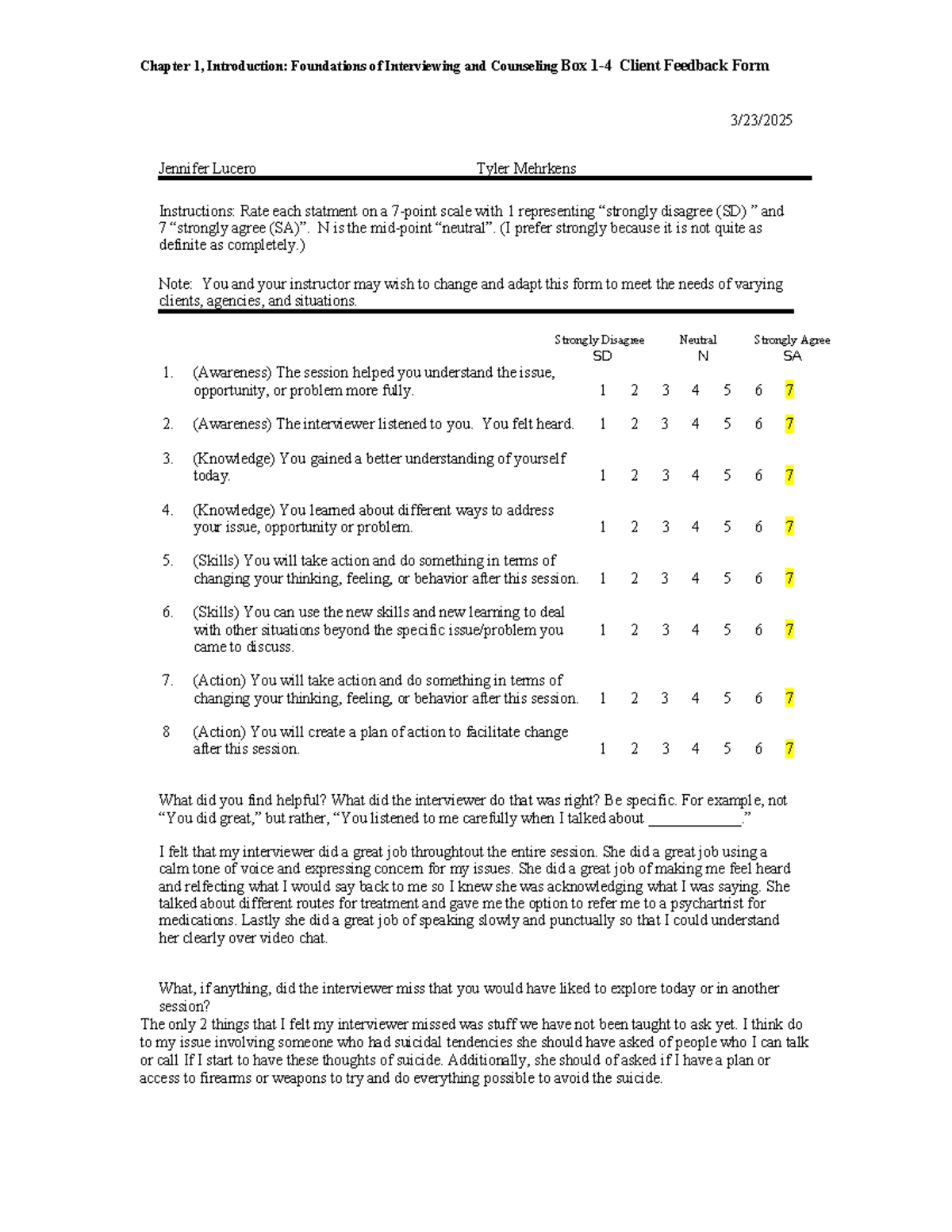 Client Feedback Form - Homework Chapter 1: Interviewing and Counseling ...