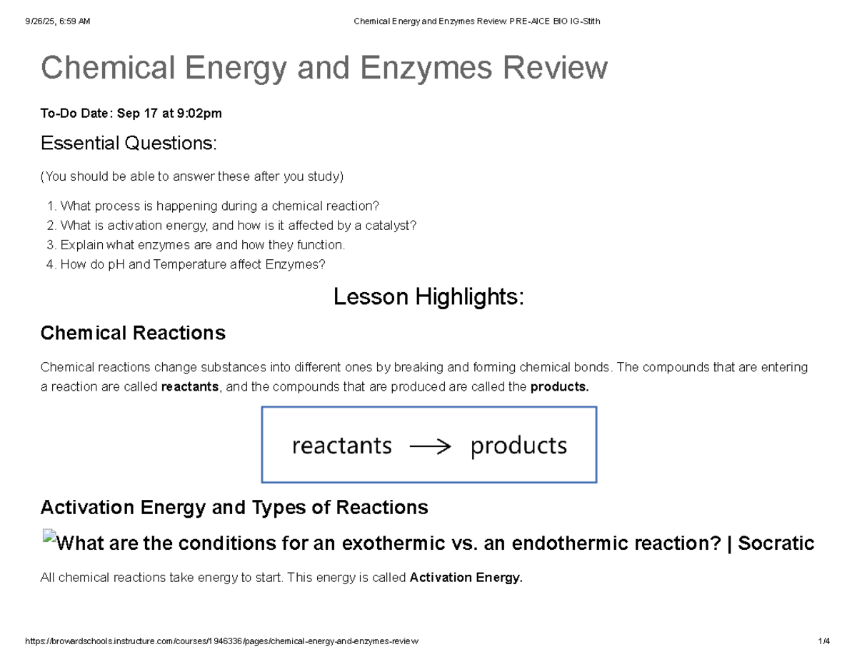 Chemical Energy and Enzymes Review: PRE-AICE BIO IG-Stith - Studocu