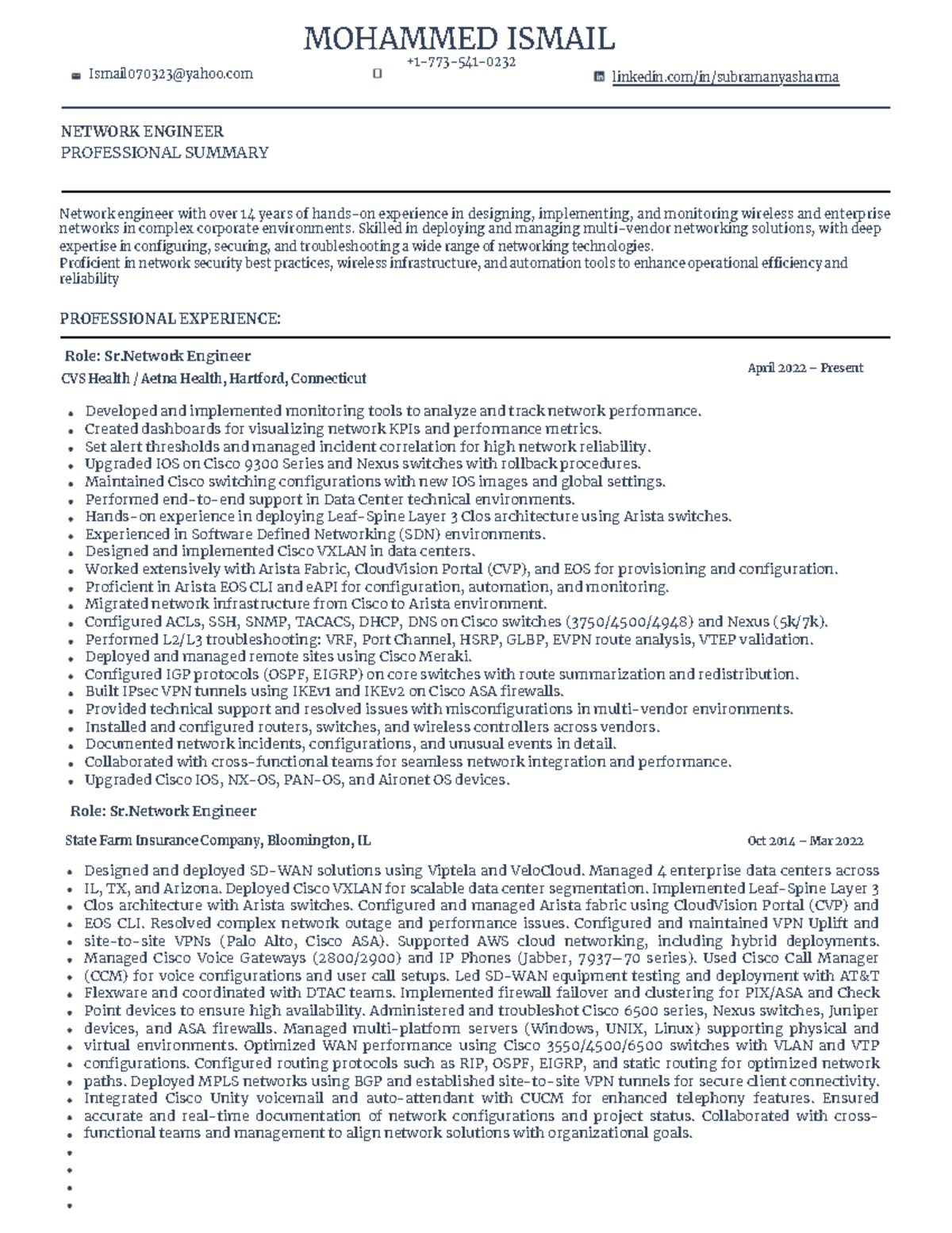 Network Engineer Resume - MOHAMMED ISMAIL - 14 Years Experience - Studocu