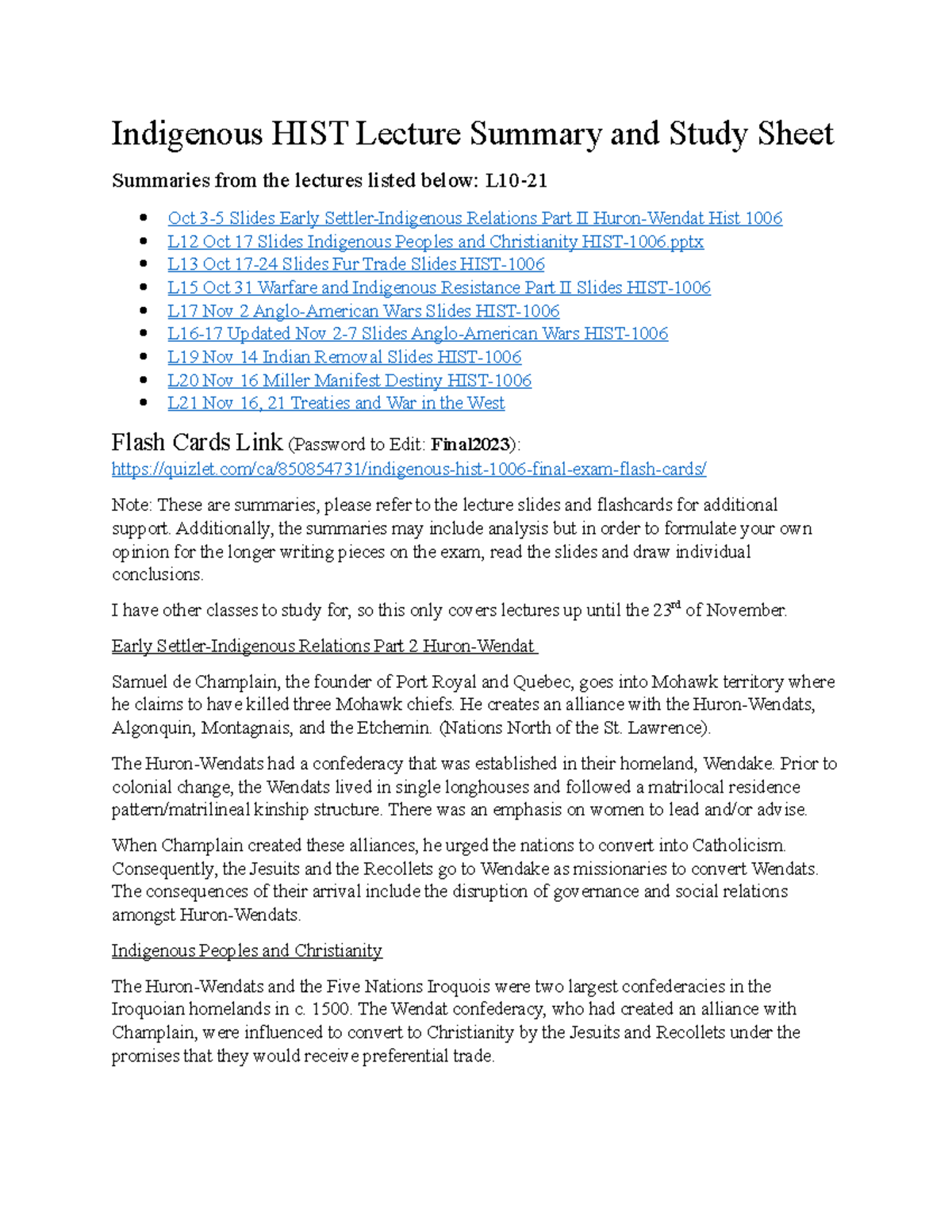 HIST 1006 001 Final Exam Study Guide - Indigenous HIST Lecture Summary ...