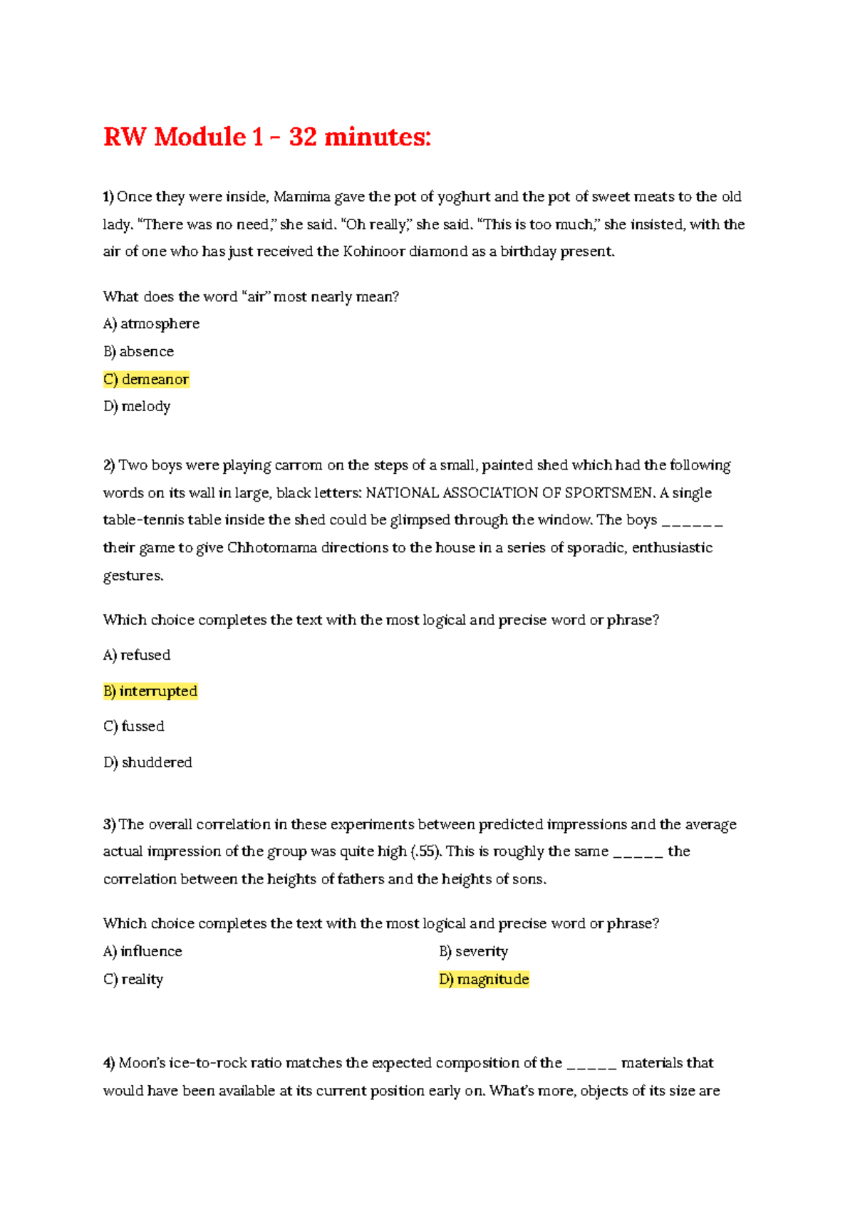 RW Module 1 & 2: Vocabulary and Comprehension Practice Questions - Studocu