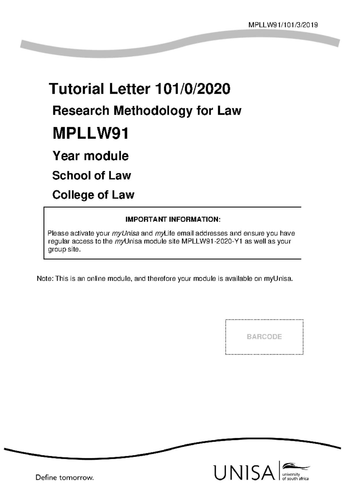 MPLLW91 Research Methodology Tutorial Letter - 2020 Edition - Studocu